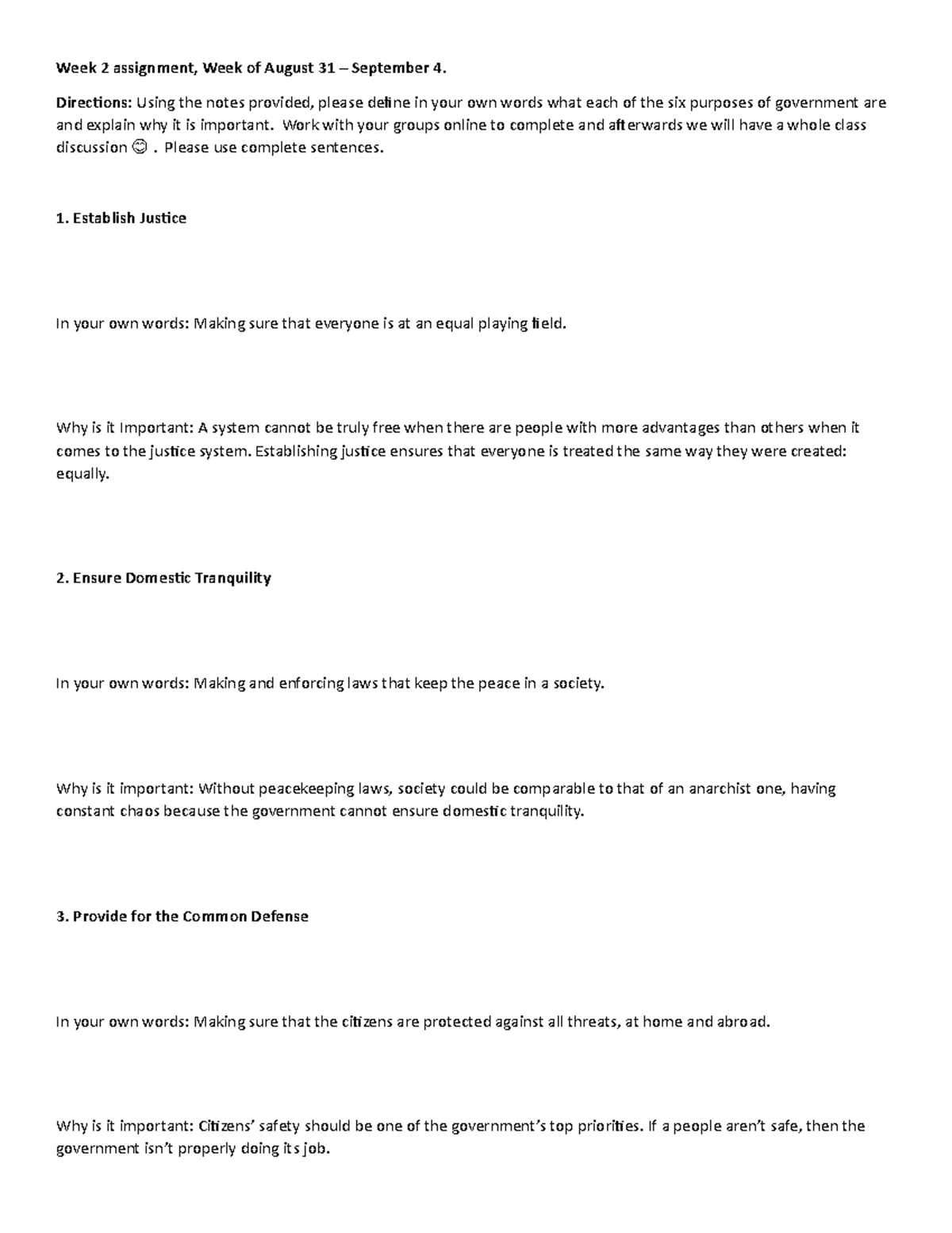 6 Purposes of Government - Week 2 assignment, Week of August 31 ...
