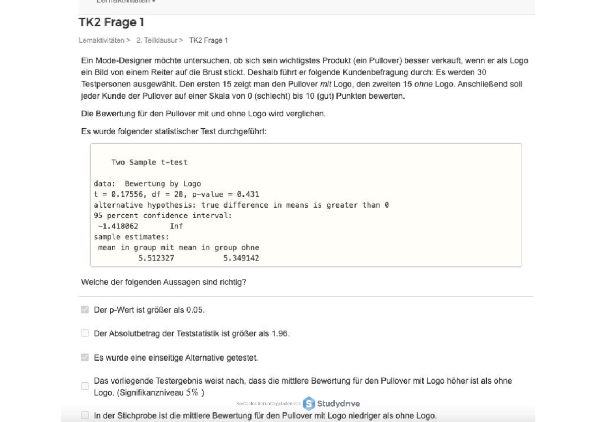 2.TK mit Lösungen - Statistik - Powered by TCPDF (tcpdf) - Studocu