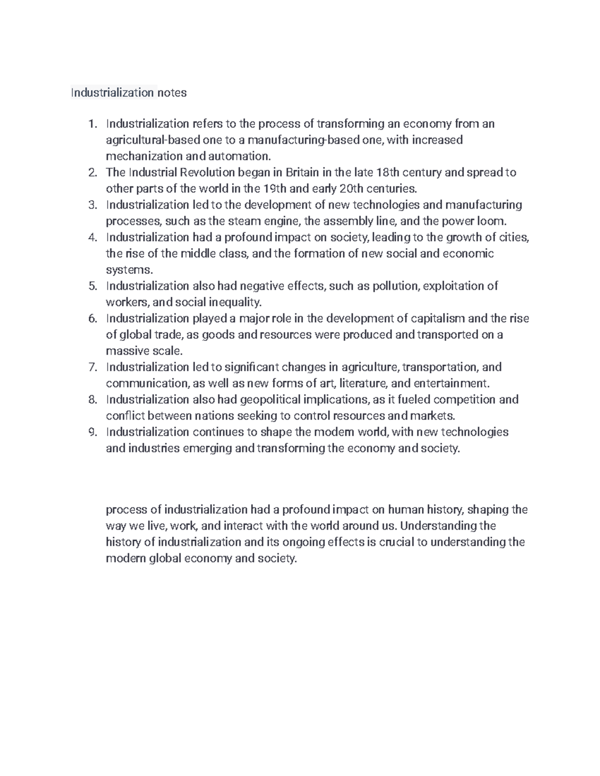 Industrialization notes - Industrialization notes Industrialization ...