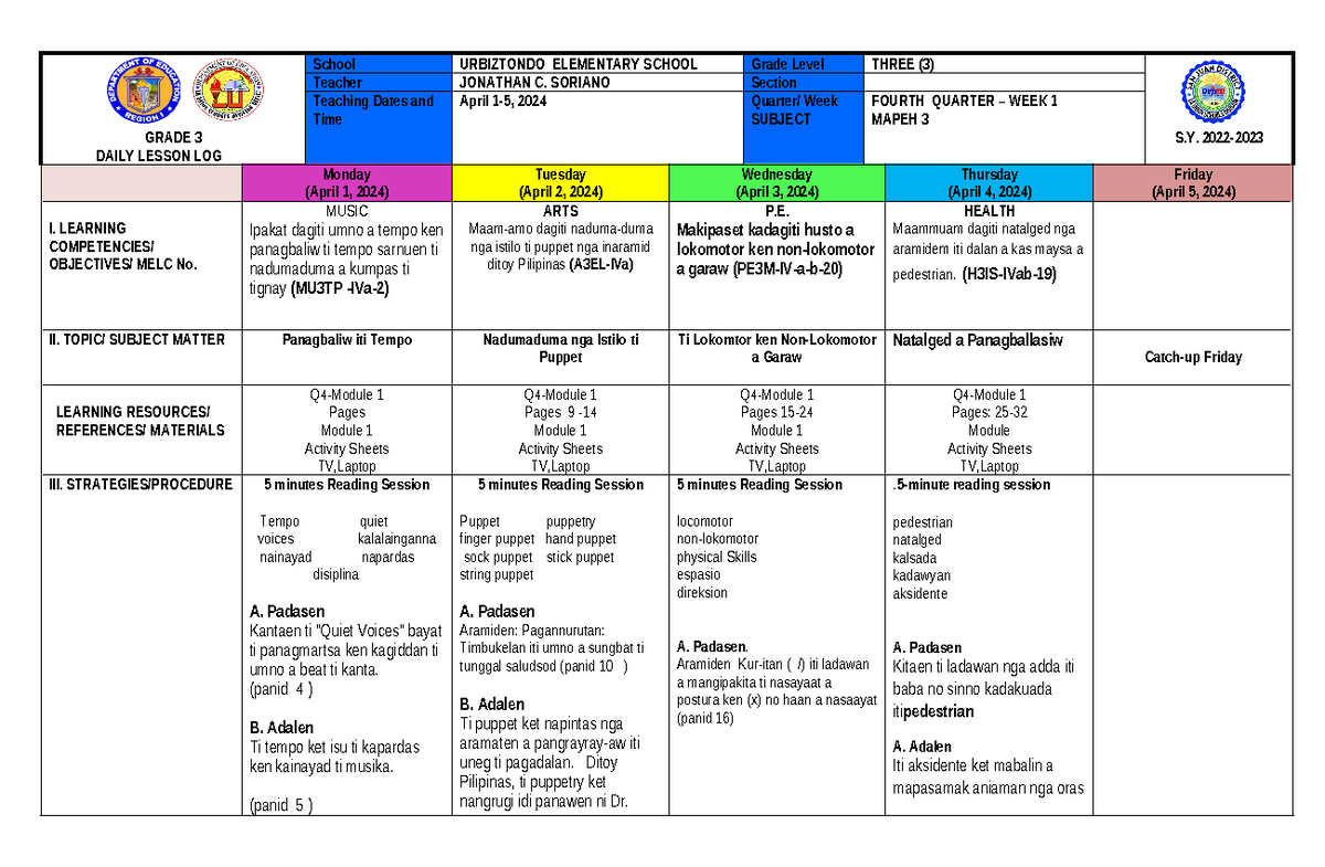 Edited Mapeh DLL WK1 Q4 - DAILY LESSON LOG - GRADE 3 DAILY LESSON LOG ...