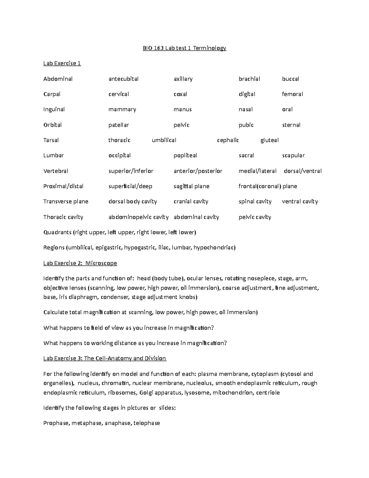 BIO 163 Lab Test 1 Terminology - BIOL220 - North Carolina A&T - Studocu