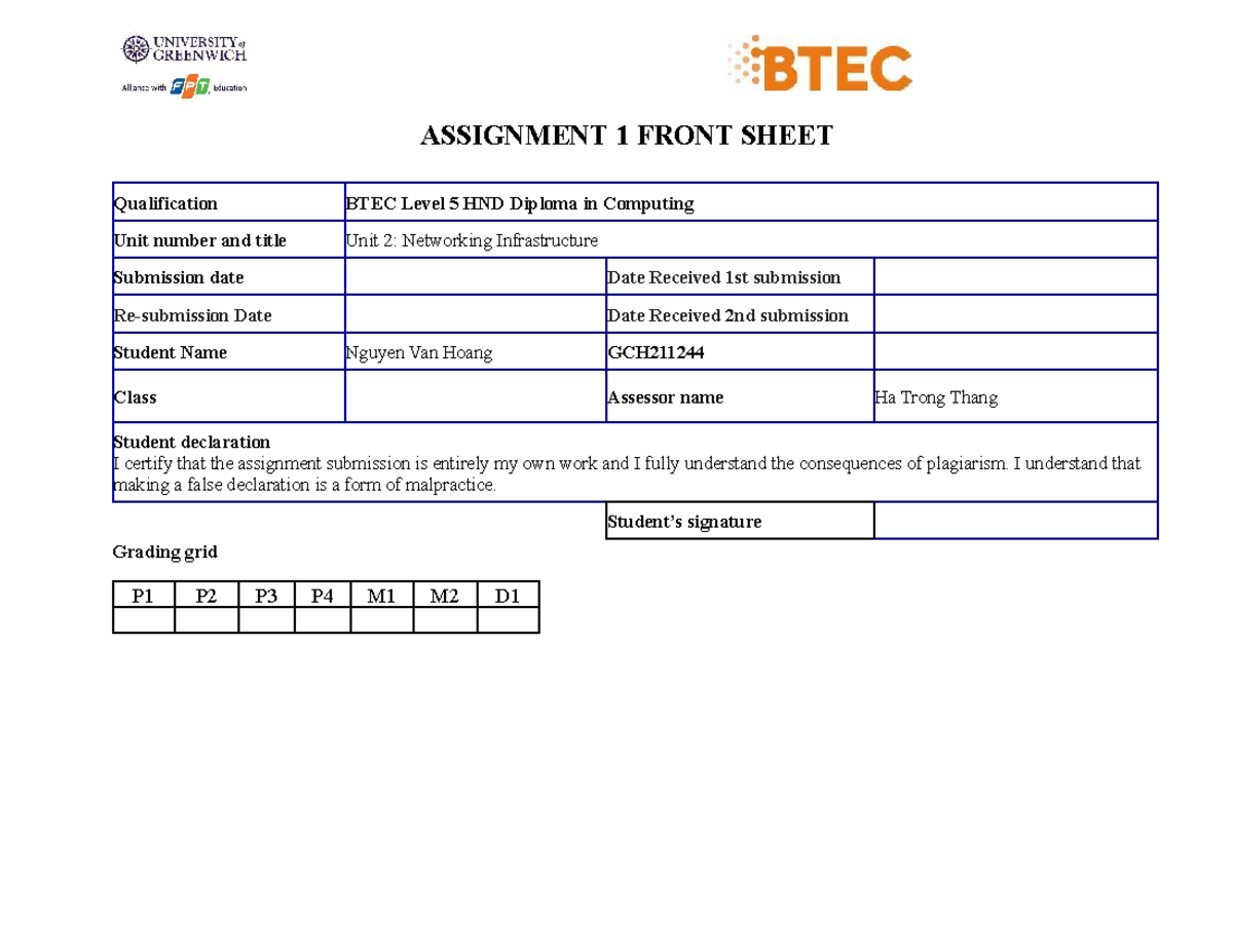 Assignment 1 - ASSIGNMENT 1 FRONT SHEET Qualification BTEC Level 5 HND Diploma in Computing Unit ...
