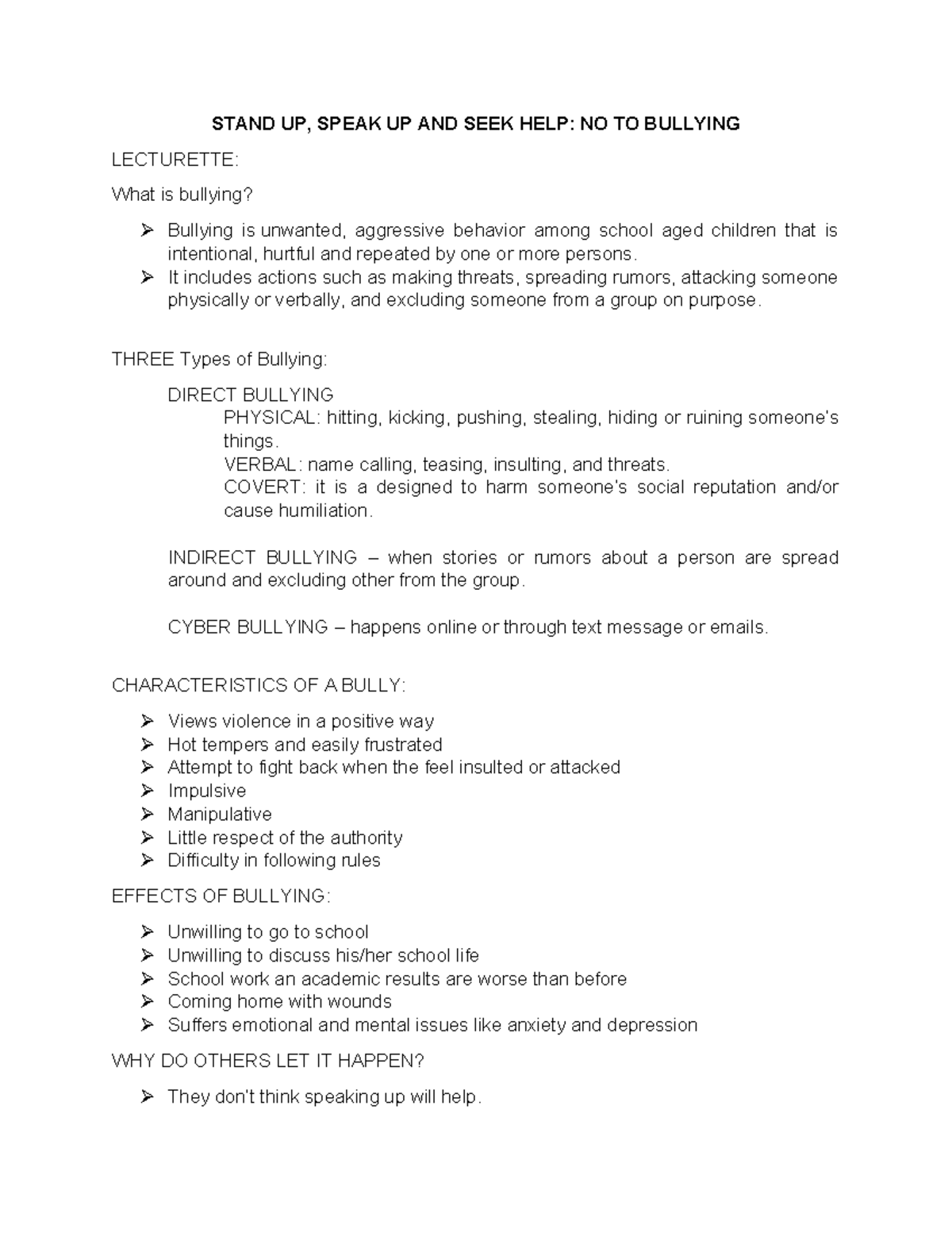 Lecturette SLE - notes - STAND UP, SPEAK UP AND SEEK HELP: NO TO ...