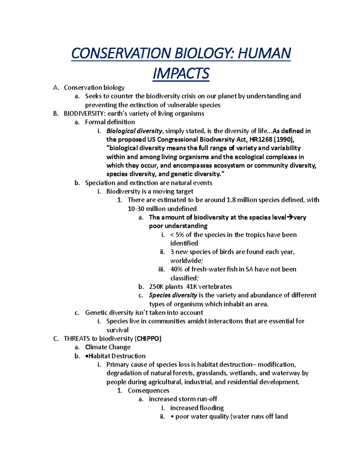 Ecology AND Evolution exam 9 - CONSERVATION BIOLOGY: HUMAN IMPACTS A ...