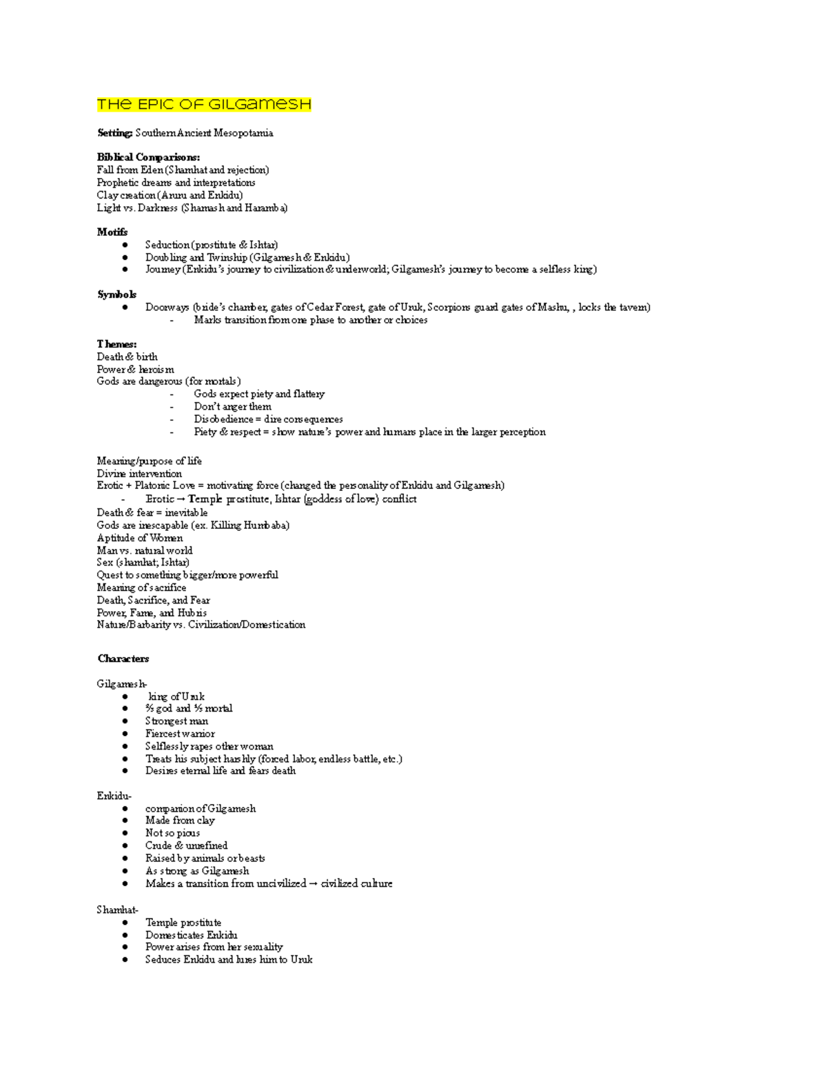 English Exam 1 - Exam 1 notes - The Epic of Gilgamesh Setting: Southern ...