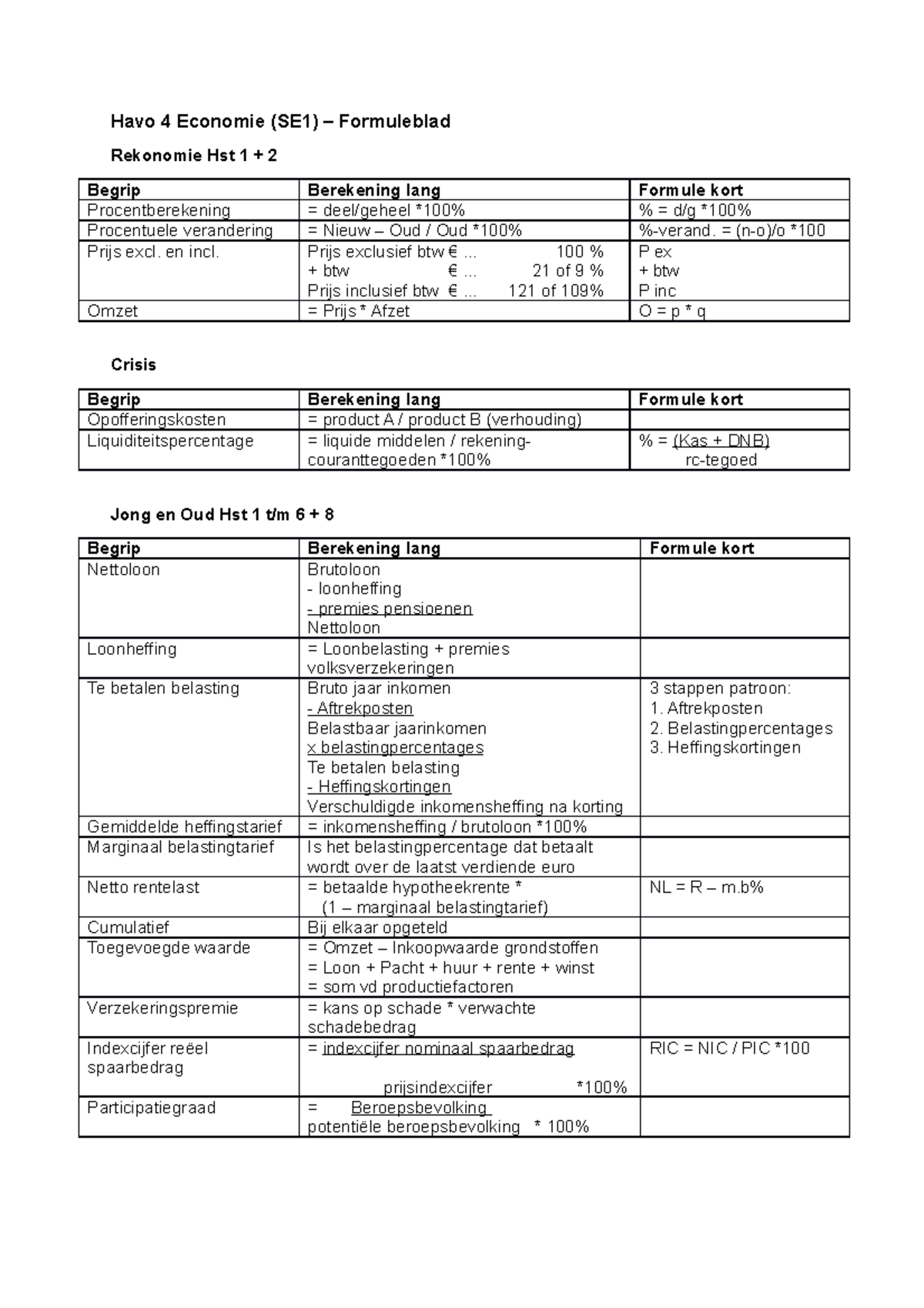 Formuleblad havo 4 ECO SE1 - Havo 4 Economie (SE1) – Formuleblad ...