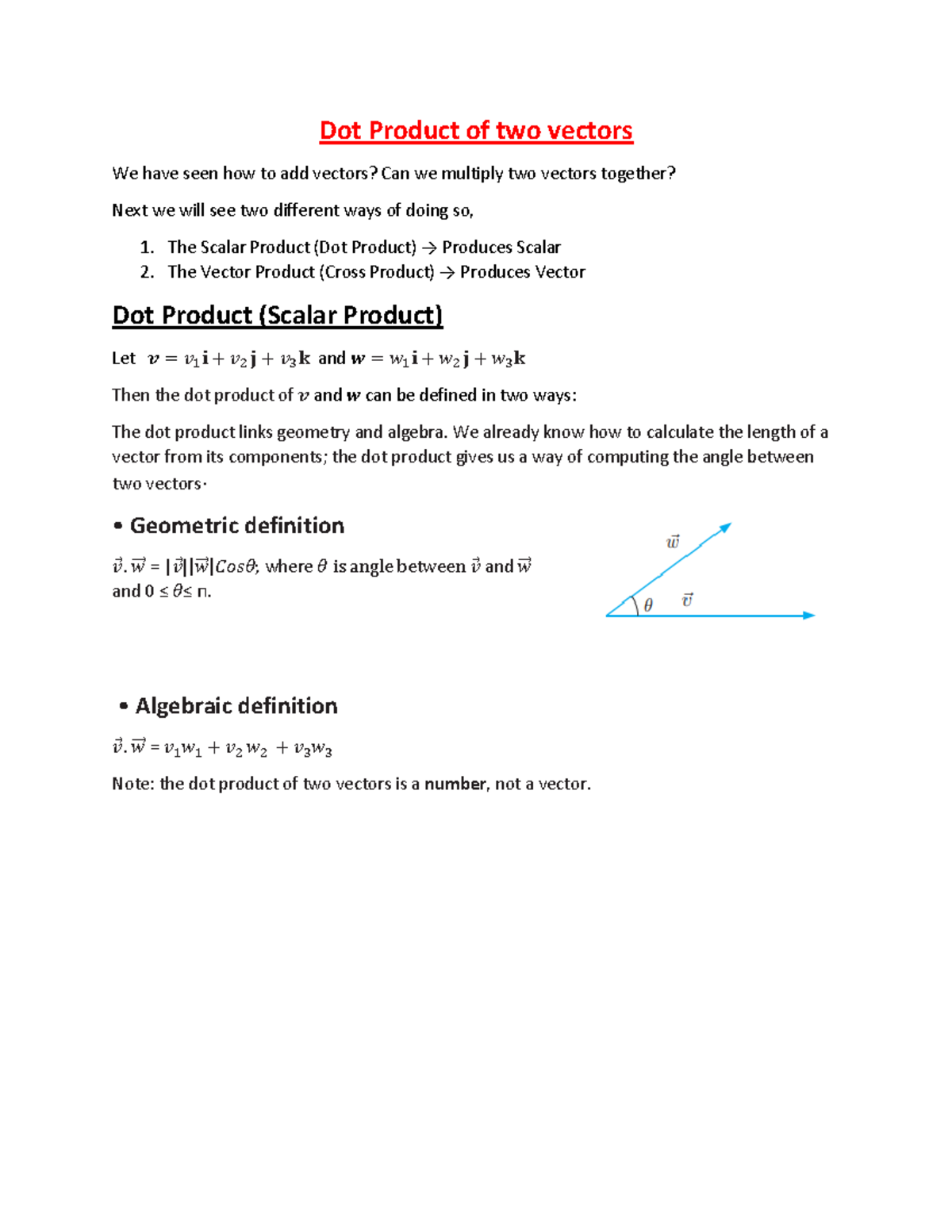 Lecture notes of mvc - Dot Product of two vectors We have seen how to ...