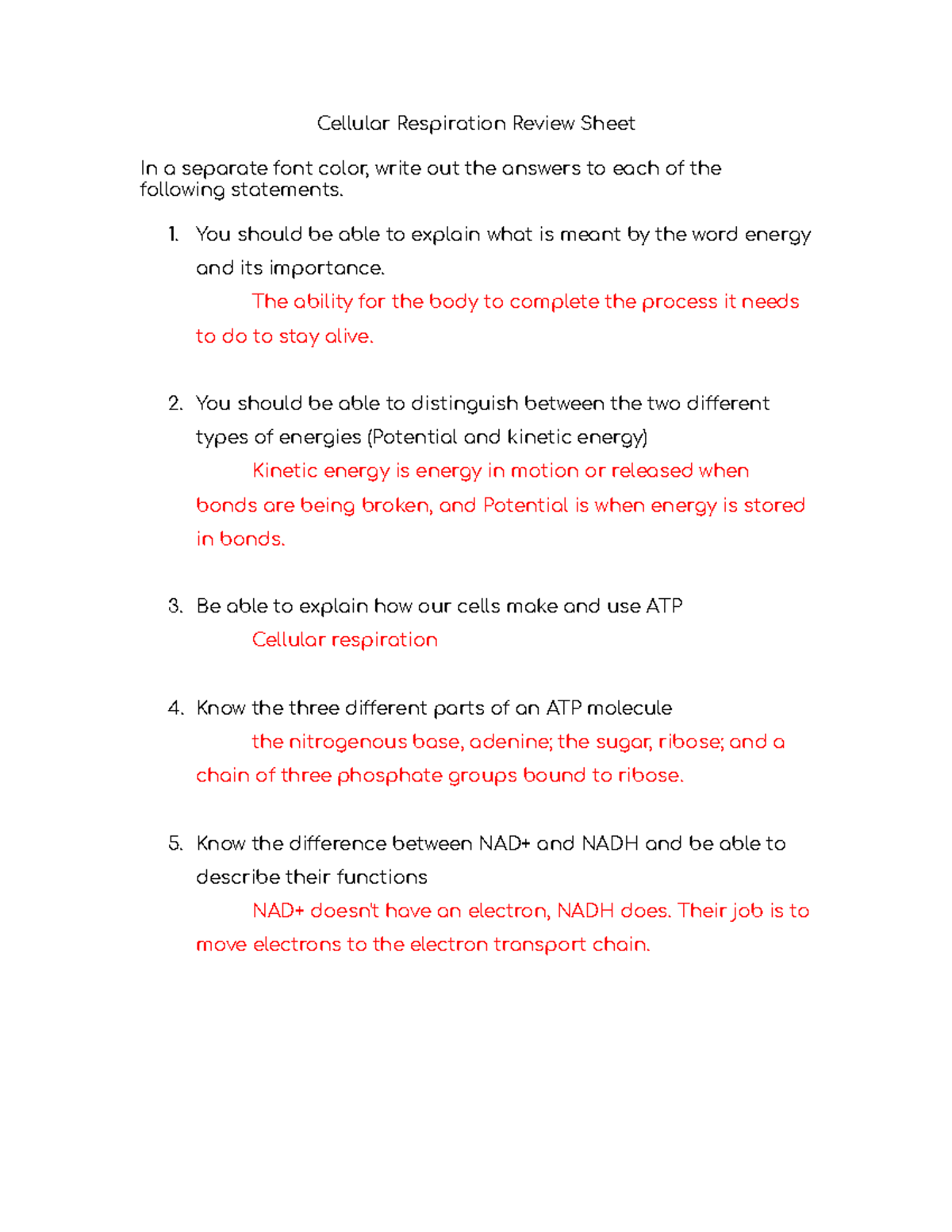 Cellular Respiration review sheet - Cellular Respiration Review Sheet ...