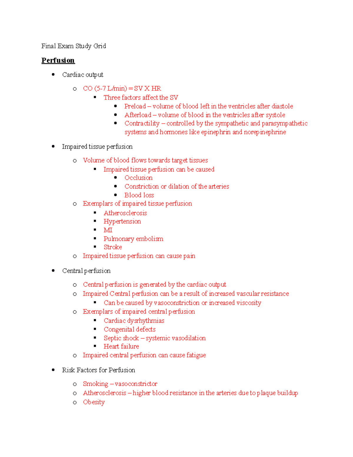 Final Exam Study Grid - Final Exam Study Grid Perfusion Cardiac output ...