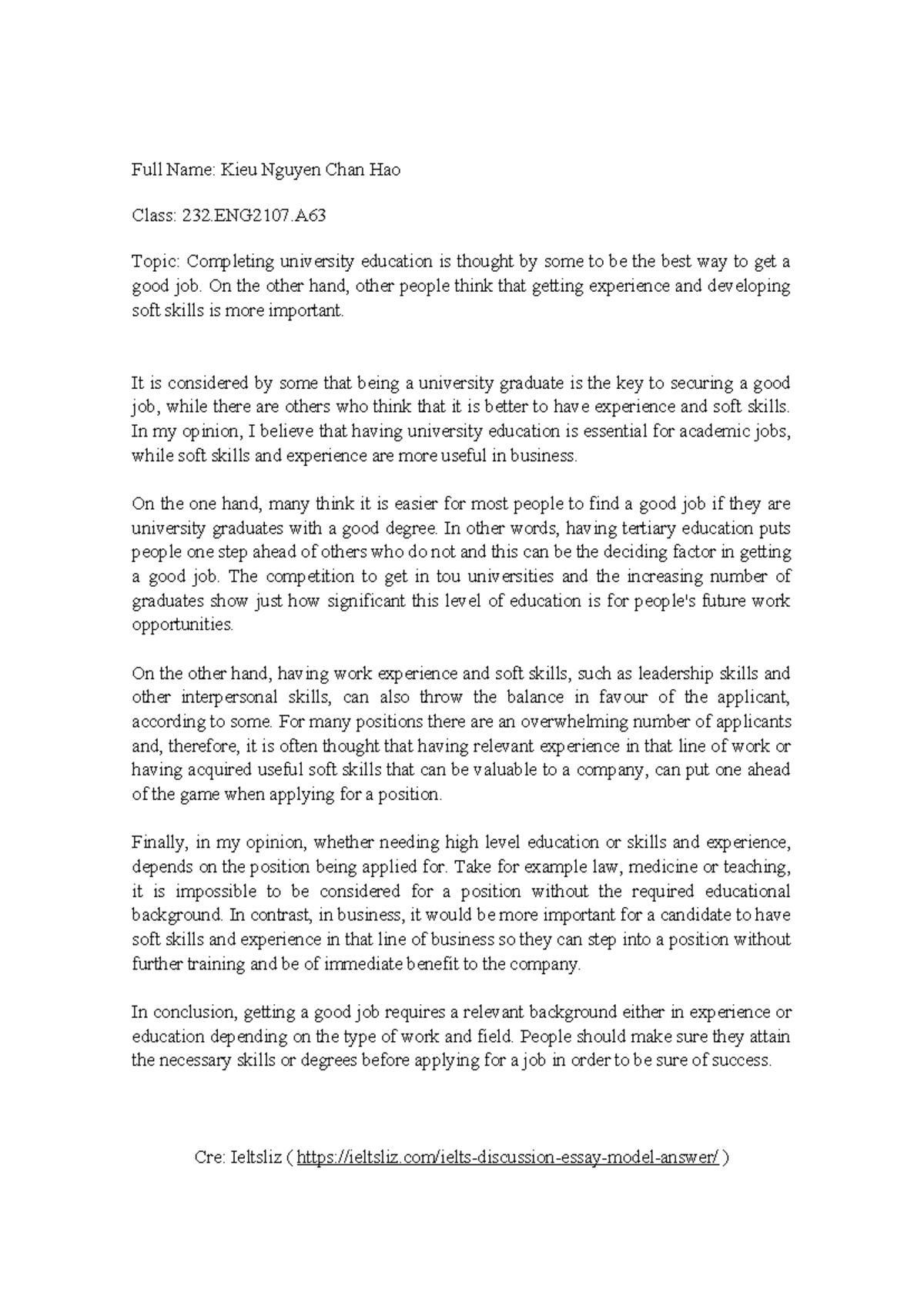 Sample essay - bbb - Full Name: Kieu Nguyen Chan Hao Class: 232.ENG2107 ...