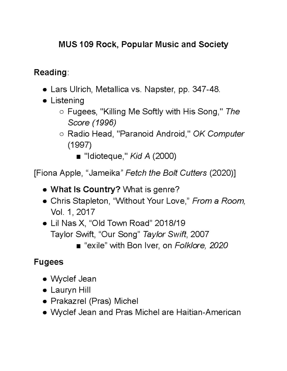 MUS 109 Week 13 Lecture Notes - MUS 109 Rock, Popular Music and Society ...