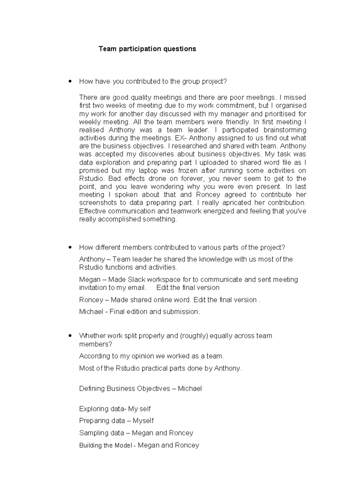 Team participation reflection 101348400 - Team participation questions ...