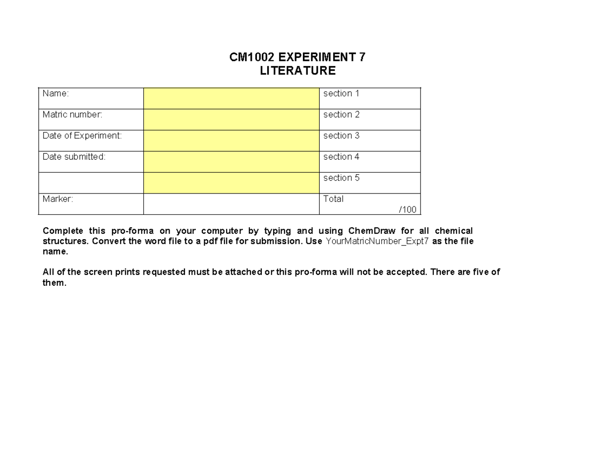 Ex 7 Lit pro-forma res 2024 - CM1002 EXPERIMENT 7 LITERATURE Name ...