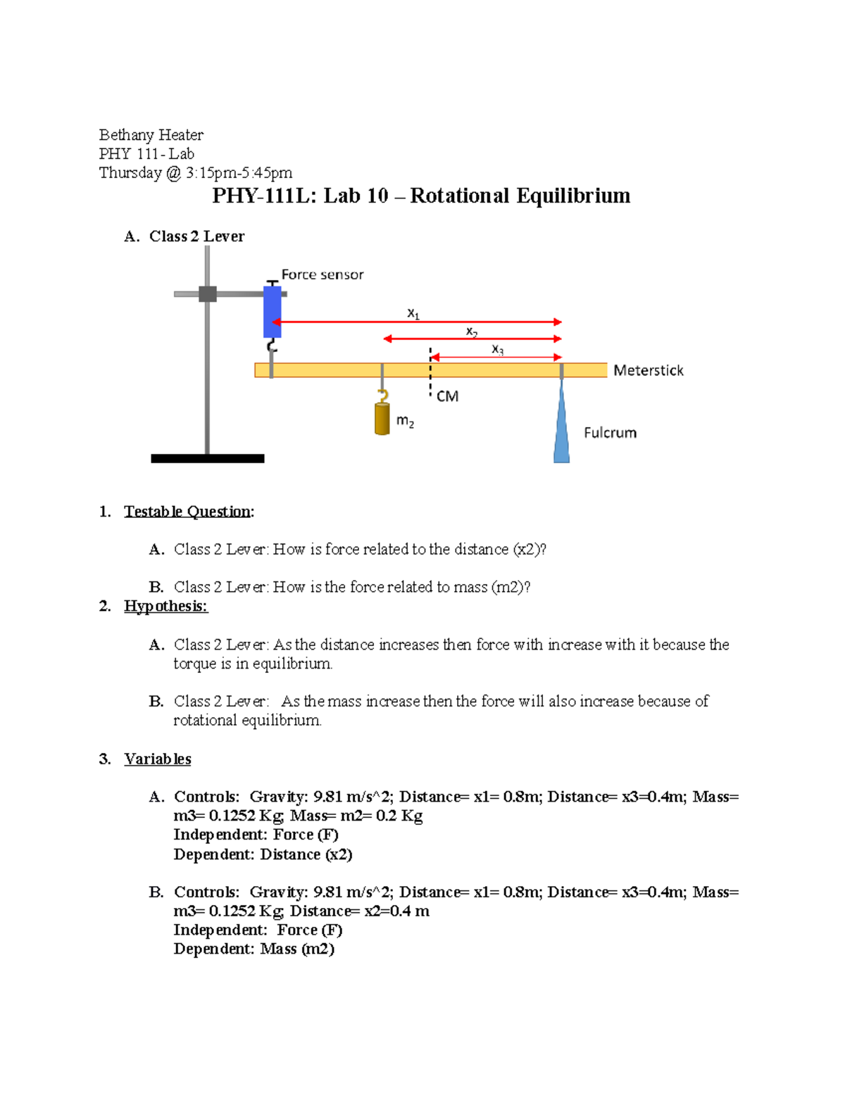 PHY111L Lab 10 Rotational Equilibrium 3 - Bethany Heater PHY 111- Lab ...