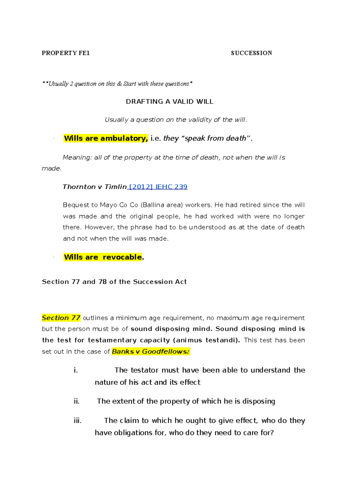 Succession - PROPERTY FE1 SUCCESSION *Usually 2 question on this ...