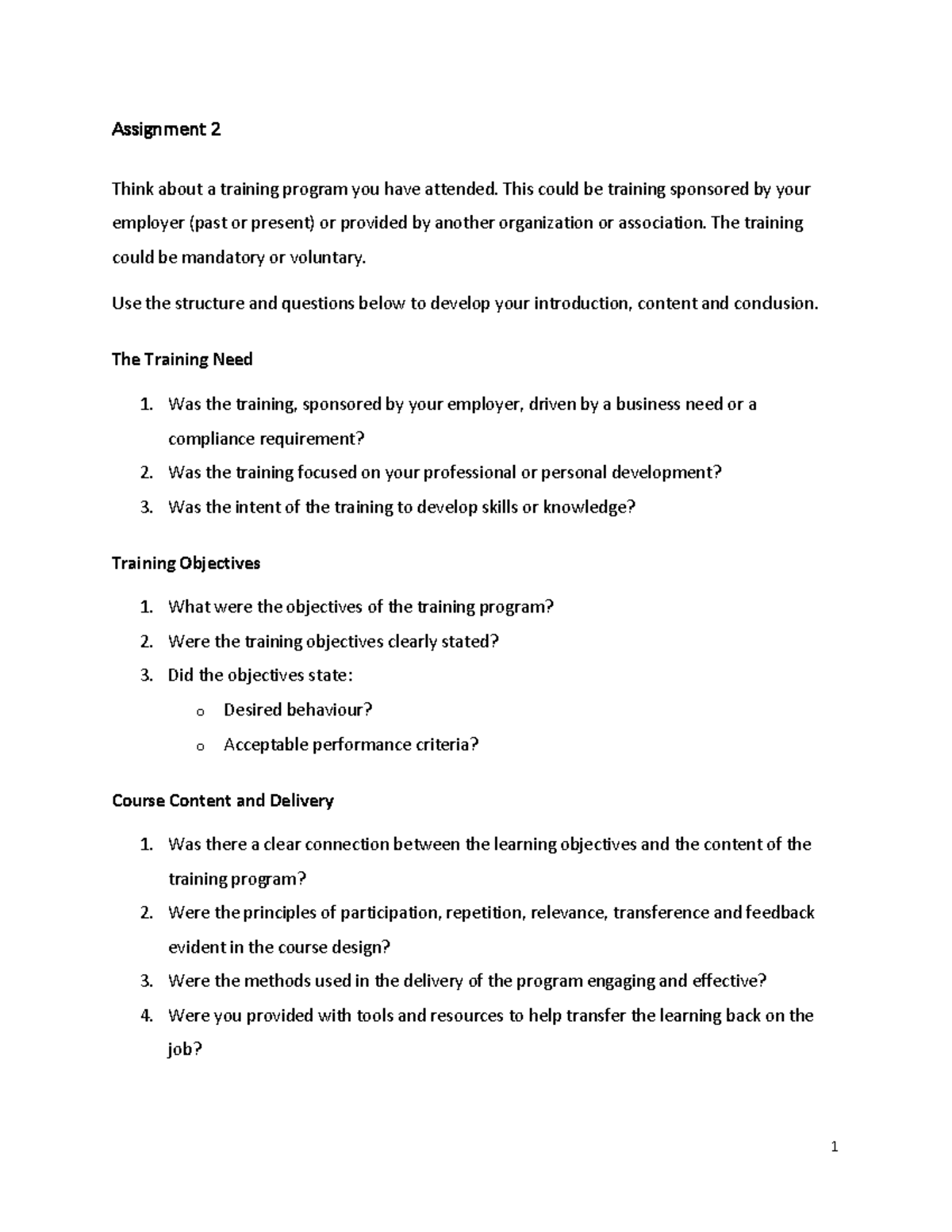 Assignment 2 Instructions and Guidelines - 1 Assignment 2 Think about a training program you ...