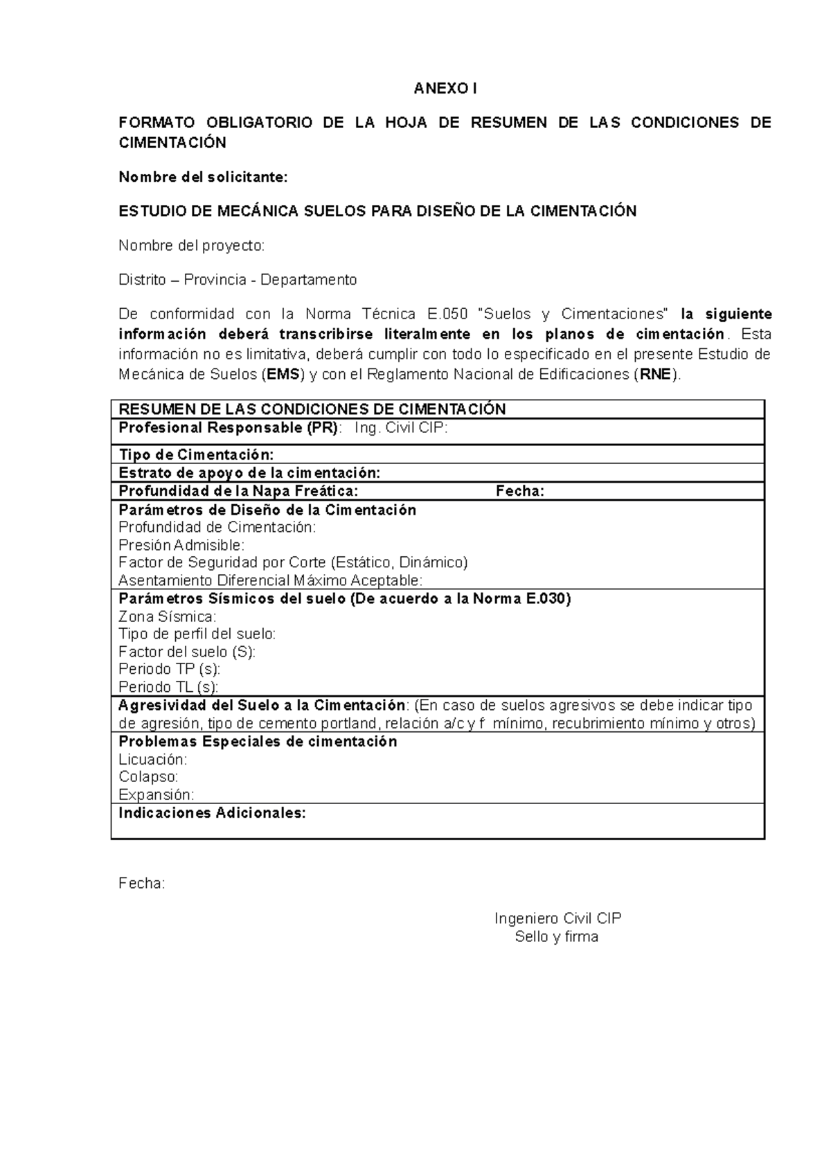 Formato cimentaciones - ANEXO I FORMATO OBLIGATORIO DE LA HOJA DE RESUMEN DE LAS CONDICIONES DE ...