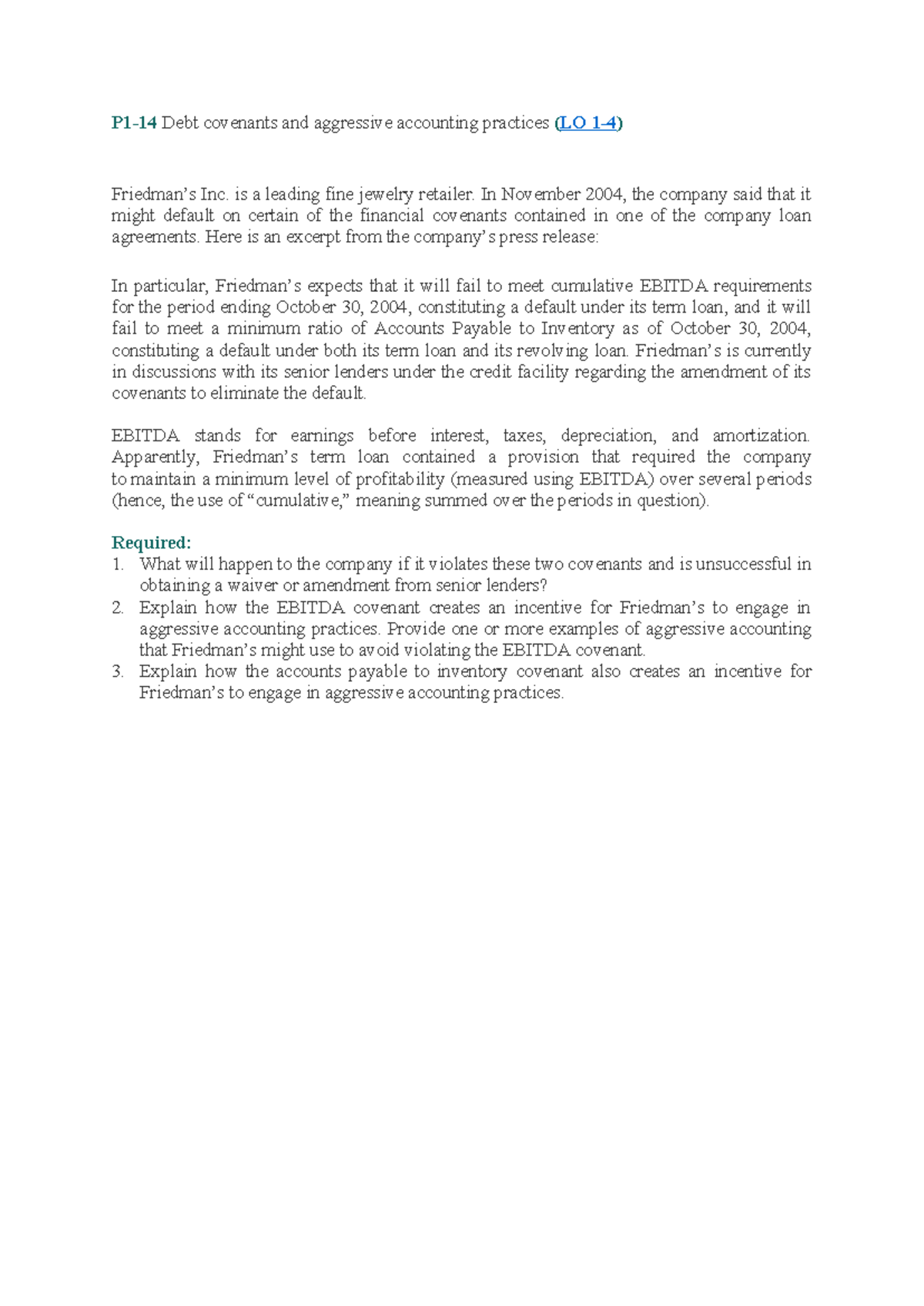 Chapter 1 Lecture Examples - P1-14 Debt covenants and aggressive ...