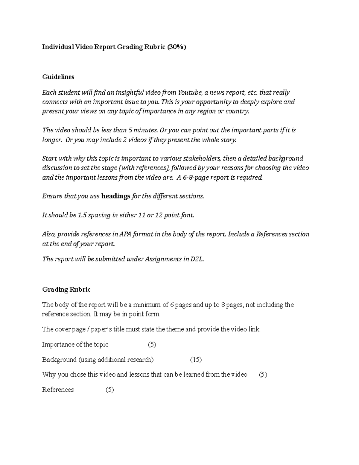 GMS400 Individual Report - Individual Video Report Grading Rubric (30% ...