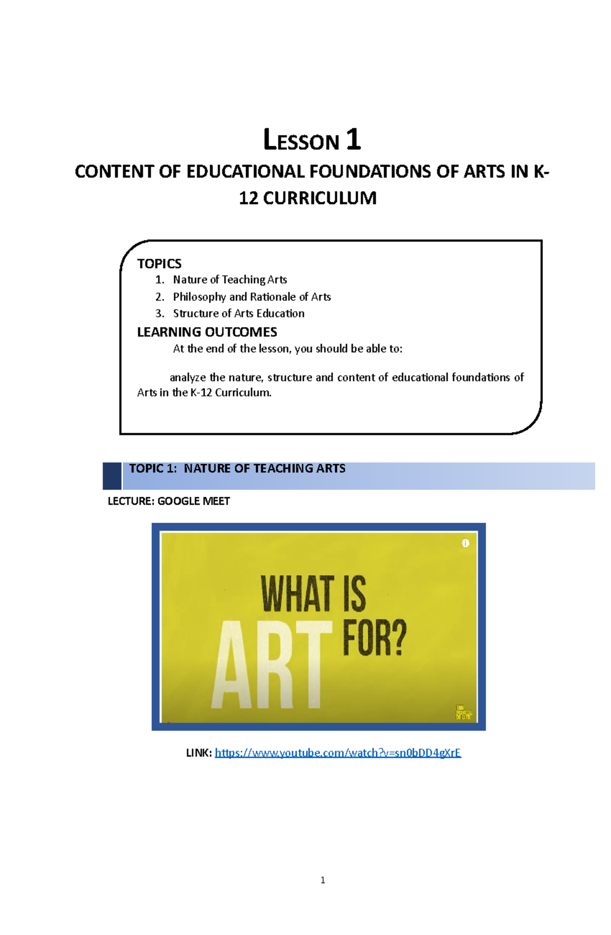 Module Lesson 1 10 ARTS Final SEPT 3 1 - LECTURE: GOOGLE MEET LINK ...