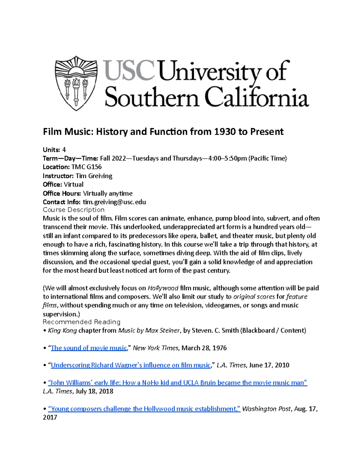 Film Music History Fall 2022 - Syllabus - Film Music: History and ...