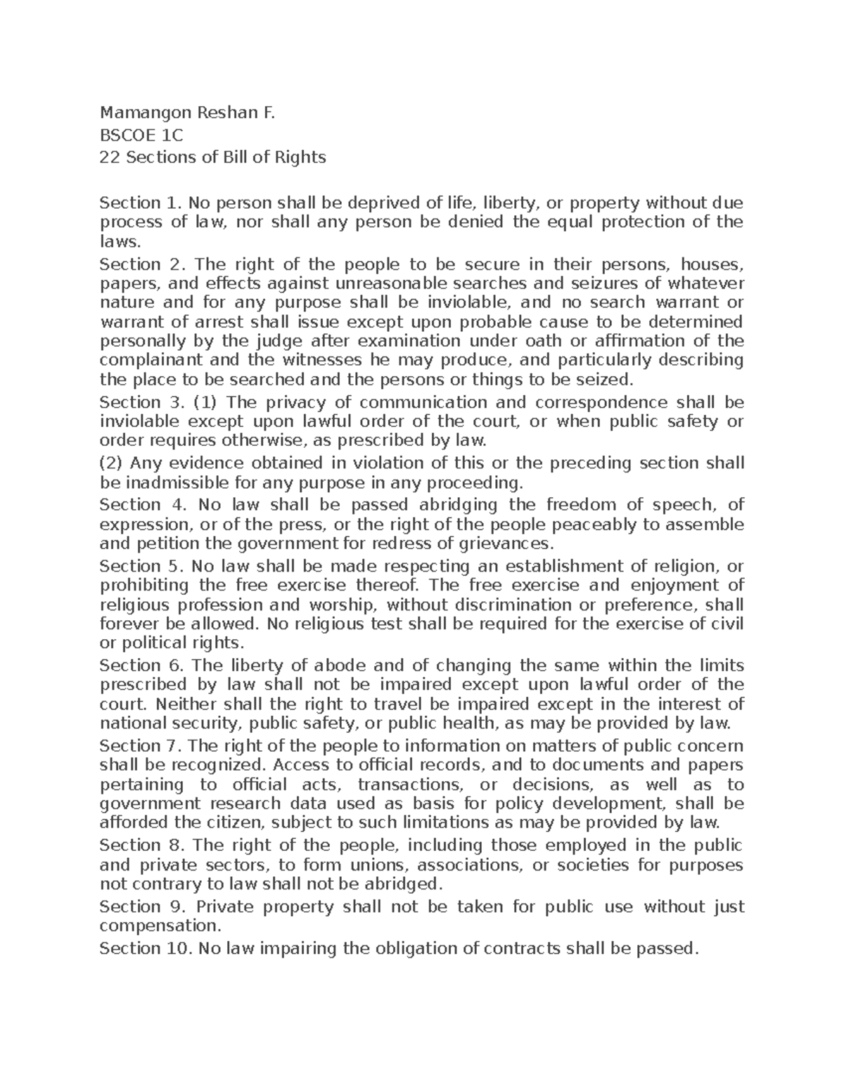 22 Sections of Bill of Rights - Mamangon Reshan F. BSCOE 1C 22 Sections of Bill of Rights ...