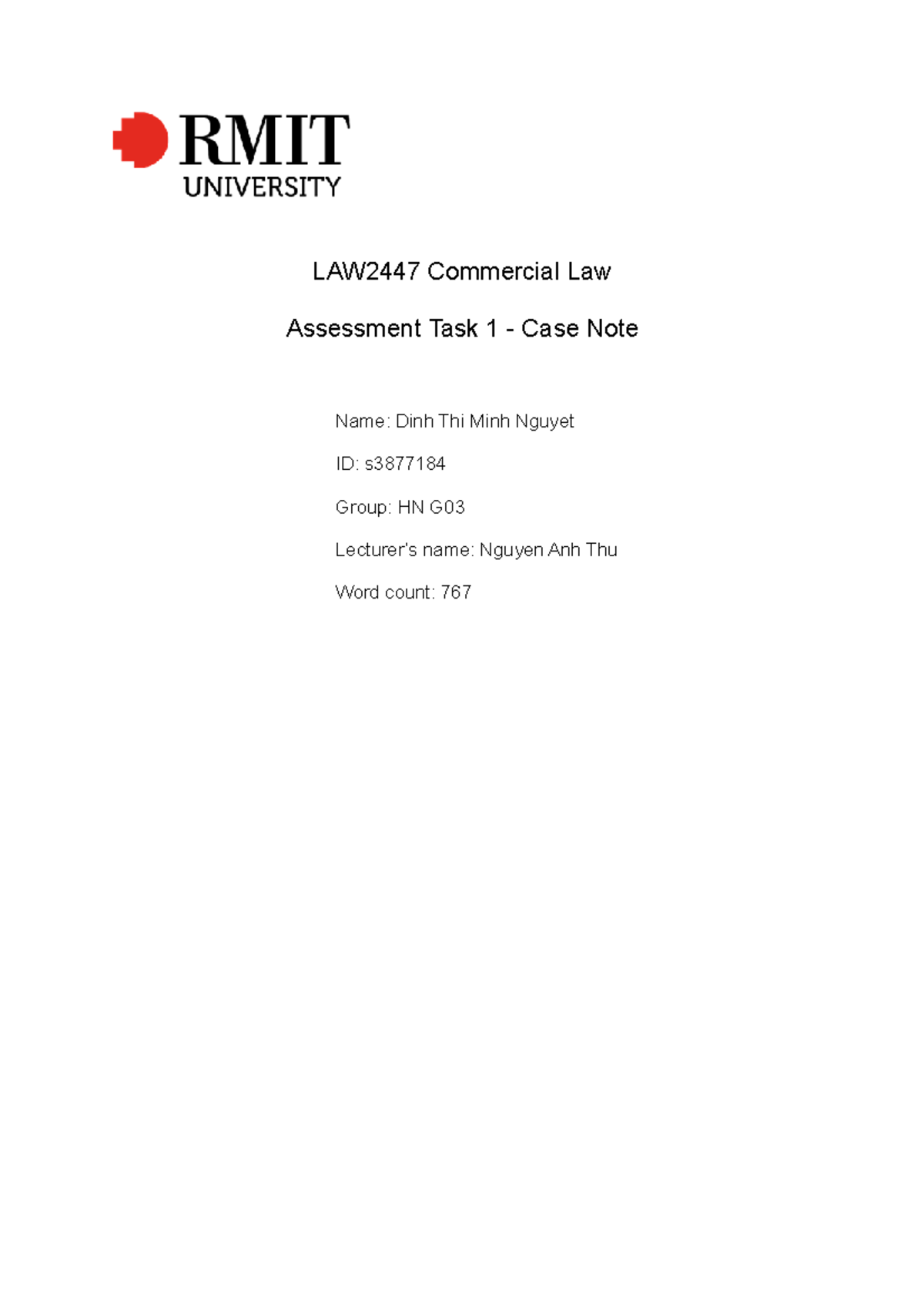LAW2447 Assignment 1 Dinh Thi Minh Nguyet s3877184 - LAW2447 Commercial ...
