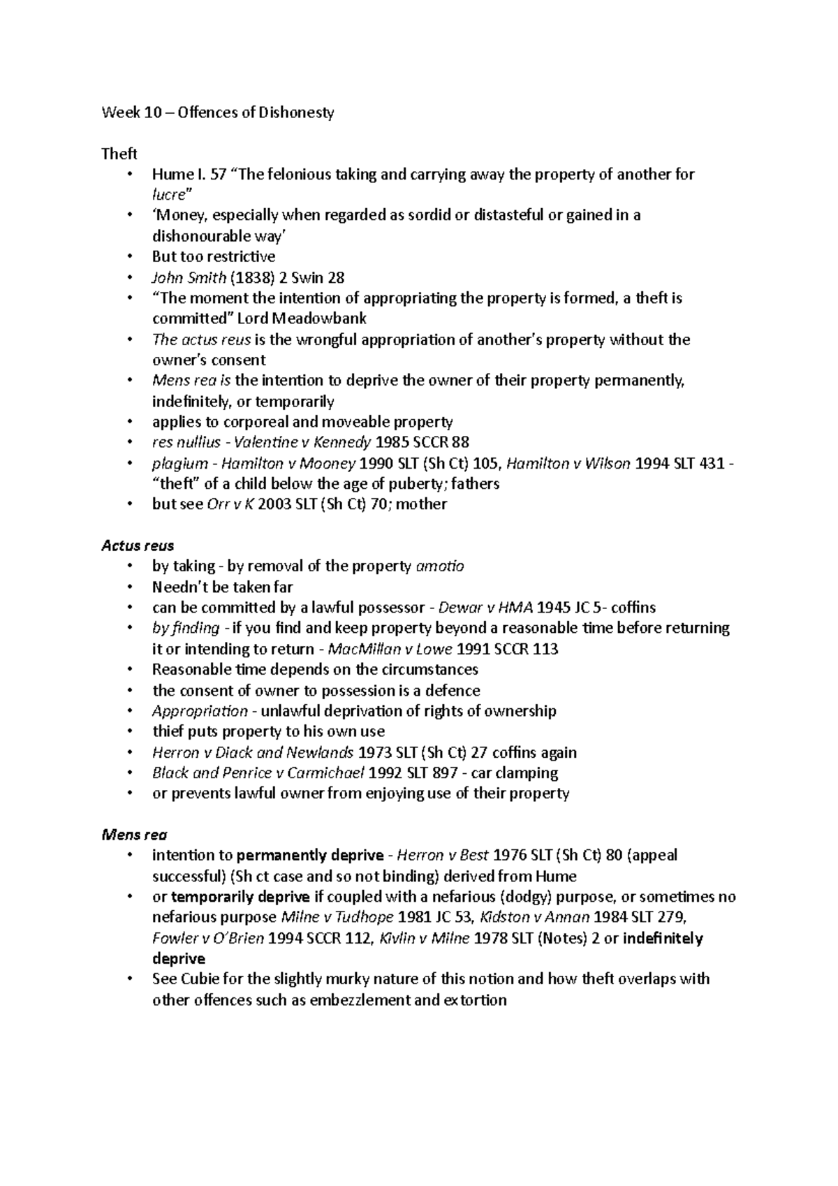 Week 10 - Week 10 – Offences of Dishonesty - Week 10 – Offences of Dishonesty Thef - Hume I. 57 ...