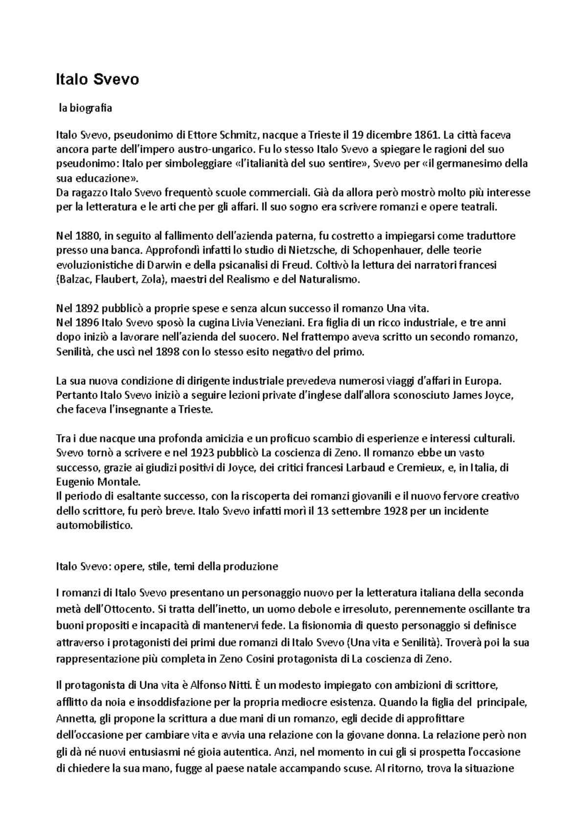 Svevo e Montale - Italo Svevo la biografia Italo Svevo, pseudonimo di Ettore Schmitz, nacque a ...