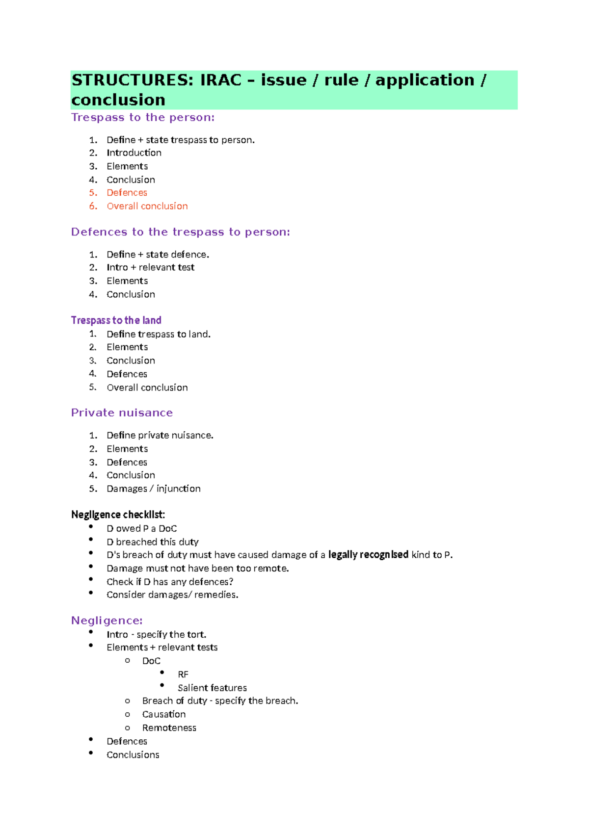 Structures for torts - STRUCTURES: IRAC – issue / rule / application ...