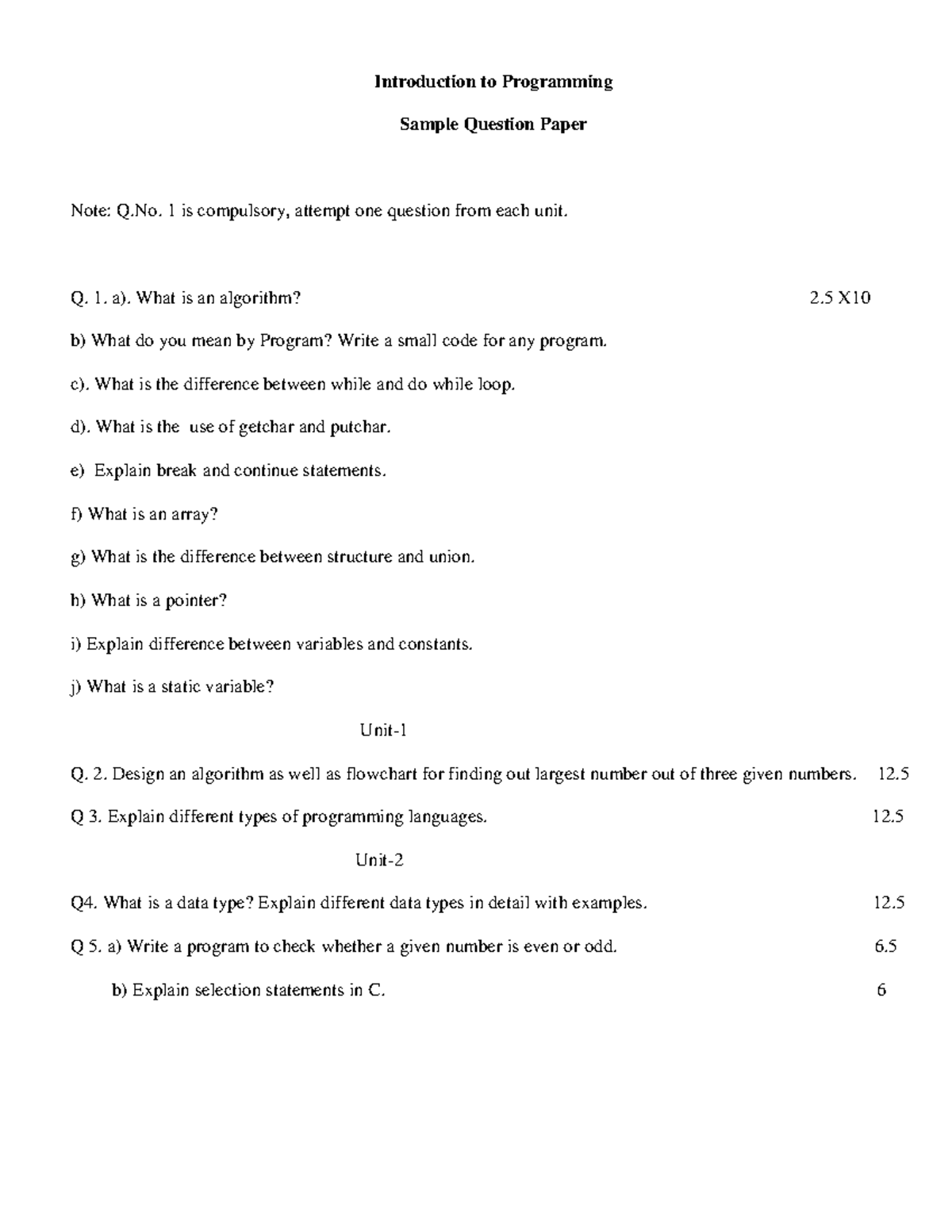 Sample/practice exam 17 2017, questions - Introduction to Programming ...