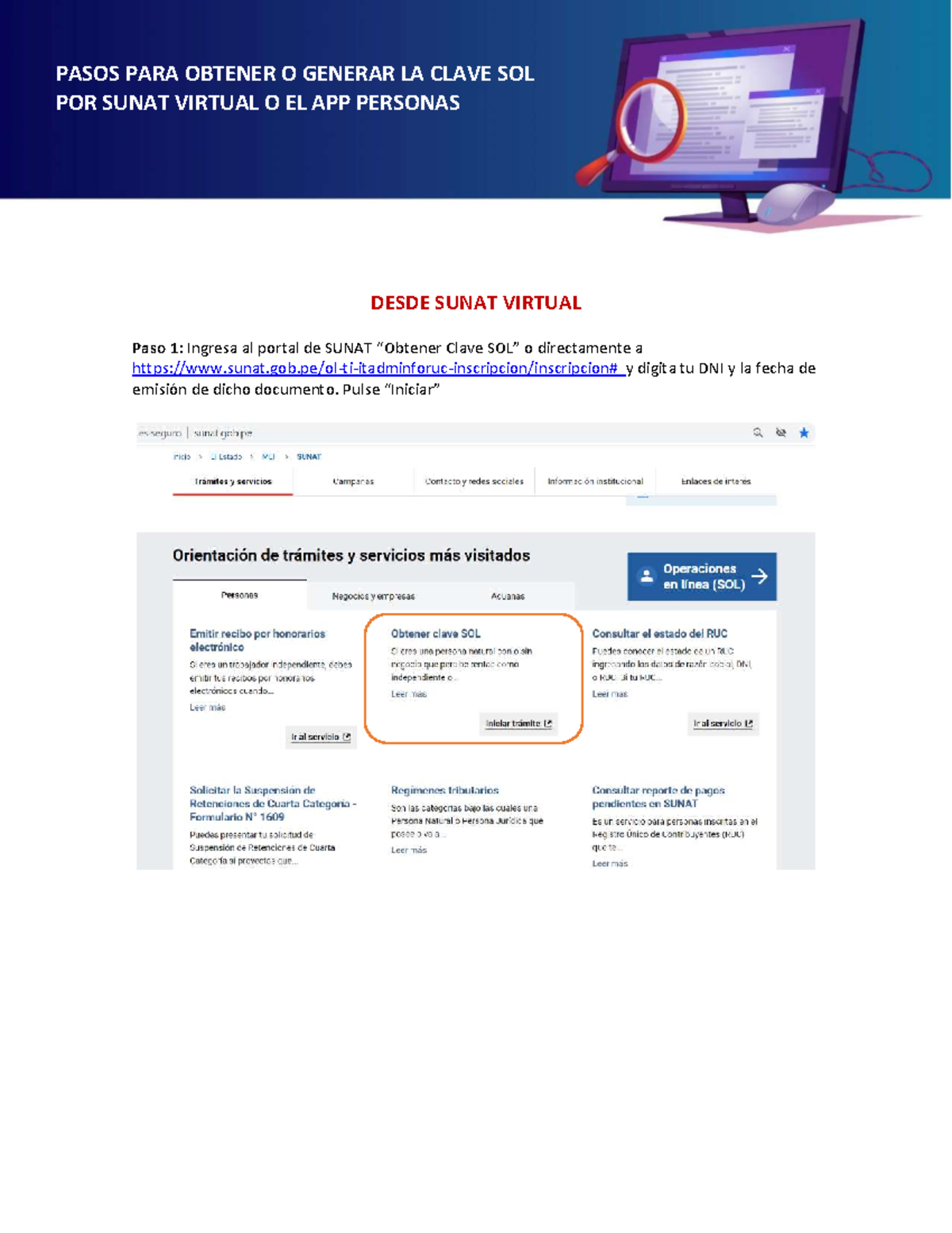 Manual Obtener Clave SOL V2 - DESDE SUNAT VIRTUAL Paso 1: Ingresa al portal de SUNAT “Obtener ...
