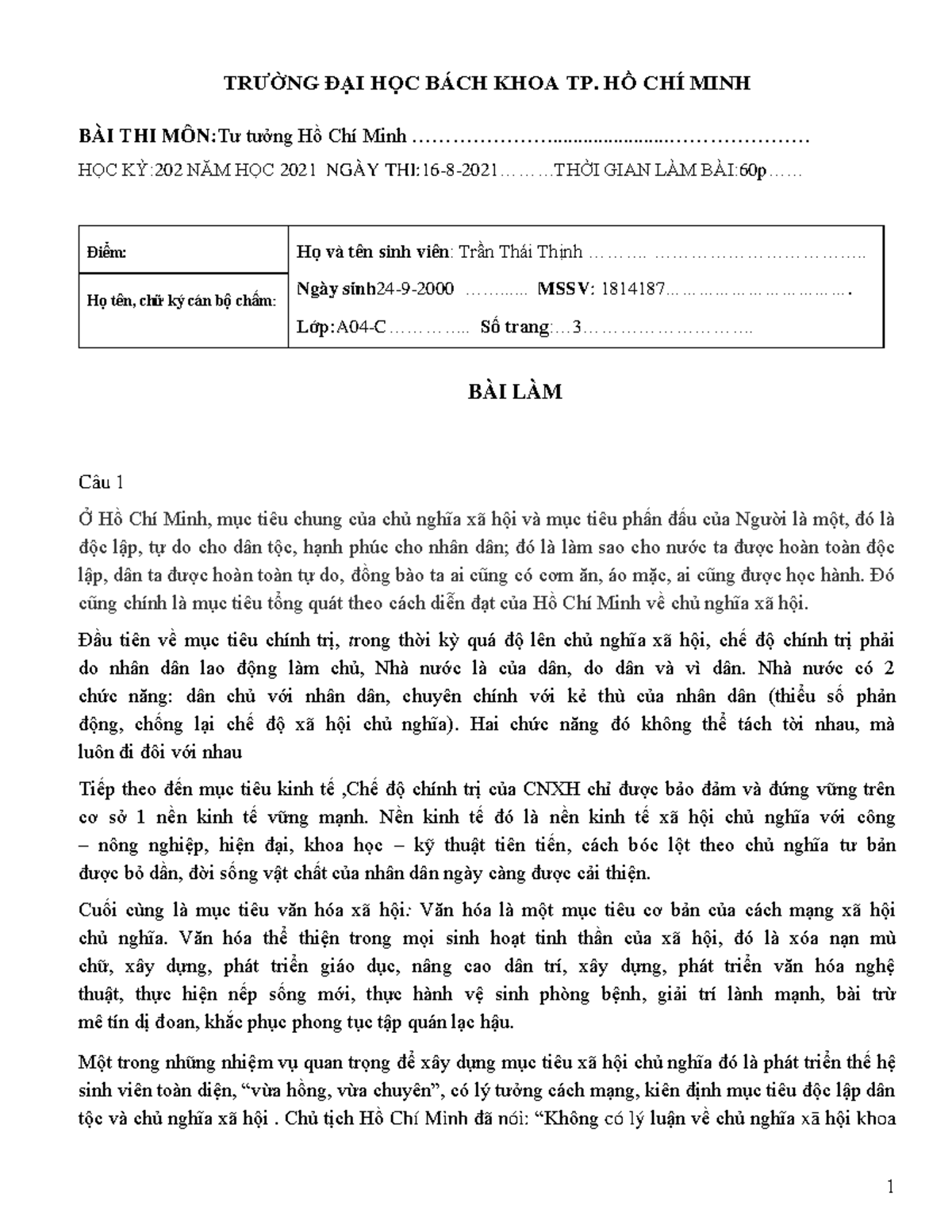 btl tu tuong hk213 glhkugkuhk - 1 TRƯỜNG ĐẠI HỌC BÁCH KHOA TP. HỒ CHÍ MINH BÀI THI MÔN: Tư tưởng ...