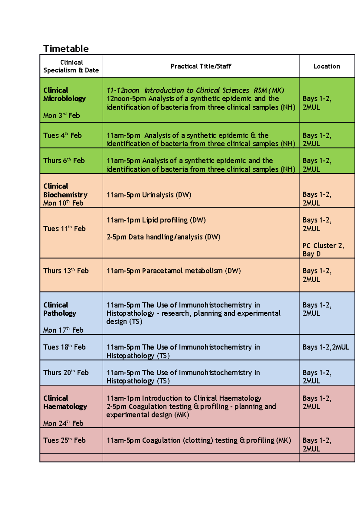 Clinical Sciences RSM Timetable 2020 - Timetable Clinical Specialism ...