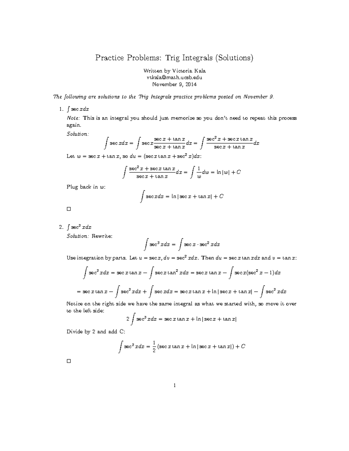 Math3B-Trig Integrals-Solutions - Practice Problems: Trig Integrals ...
