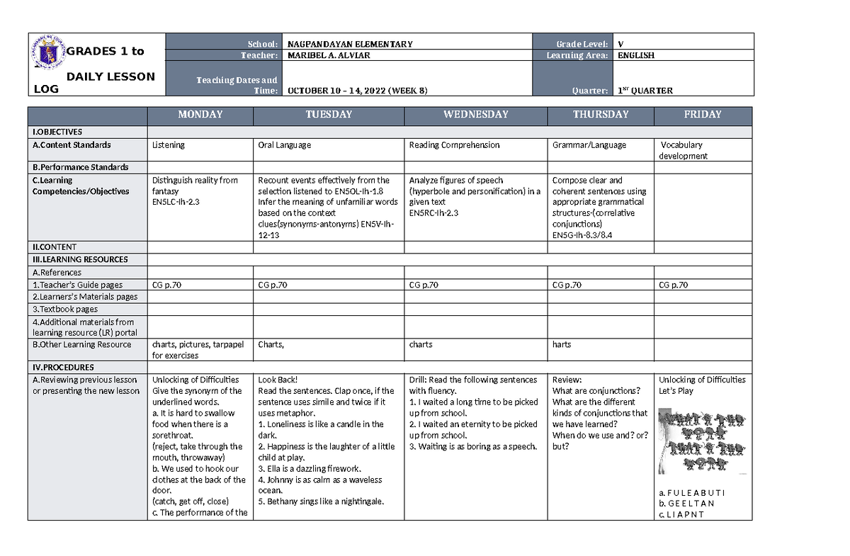 DLL English 5 Q1 W8 - n/a - GRADES 1 to 12 DAILY LESSON LOG School: NAGPANDAYAN ELEMENTARY Grade ...