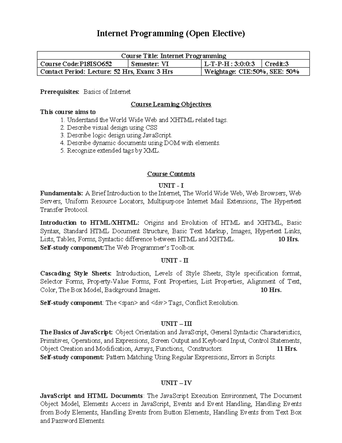 Internet Programming Openelective Revised Internet Programming Open Elective Course Title