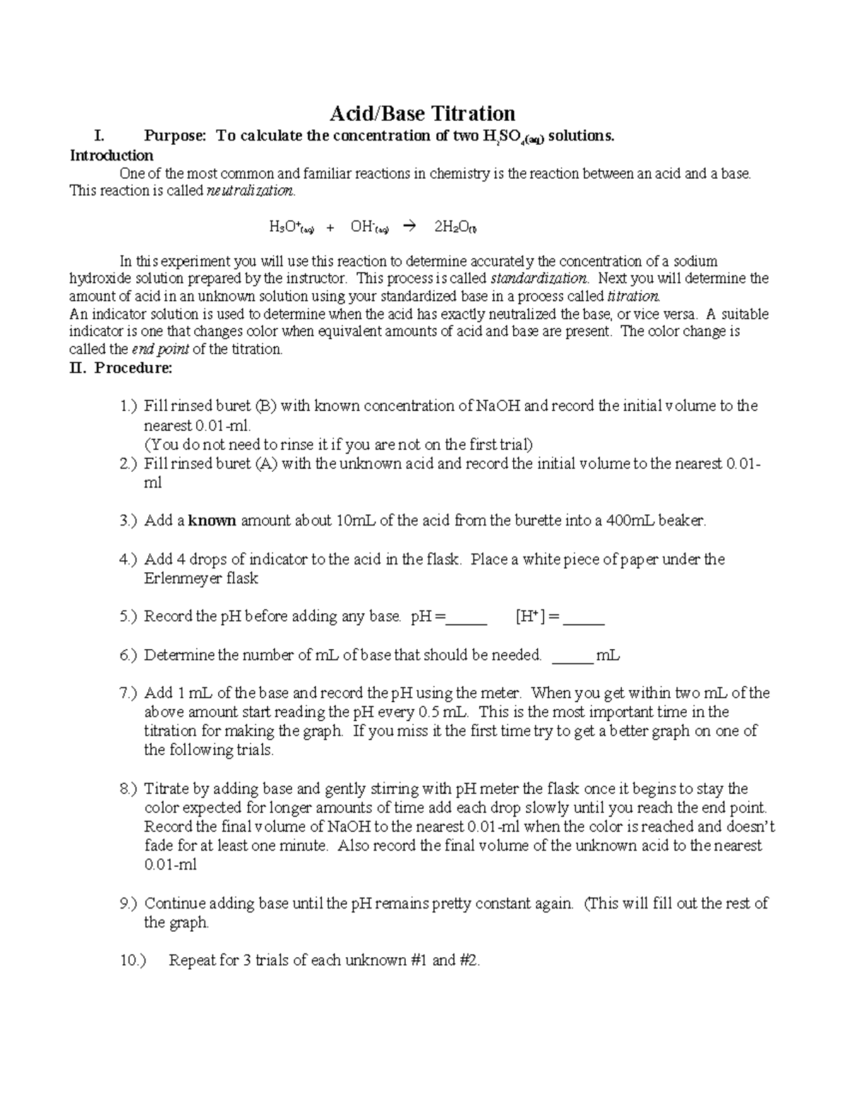 Titration lab2021-1 - Acid/Base Titration I. Purpose: To calculate the ...