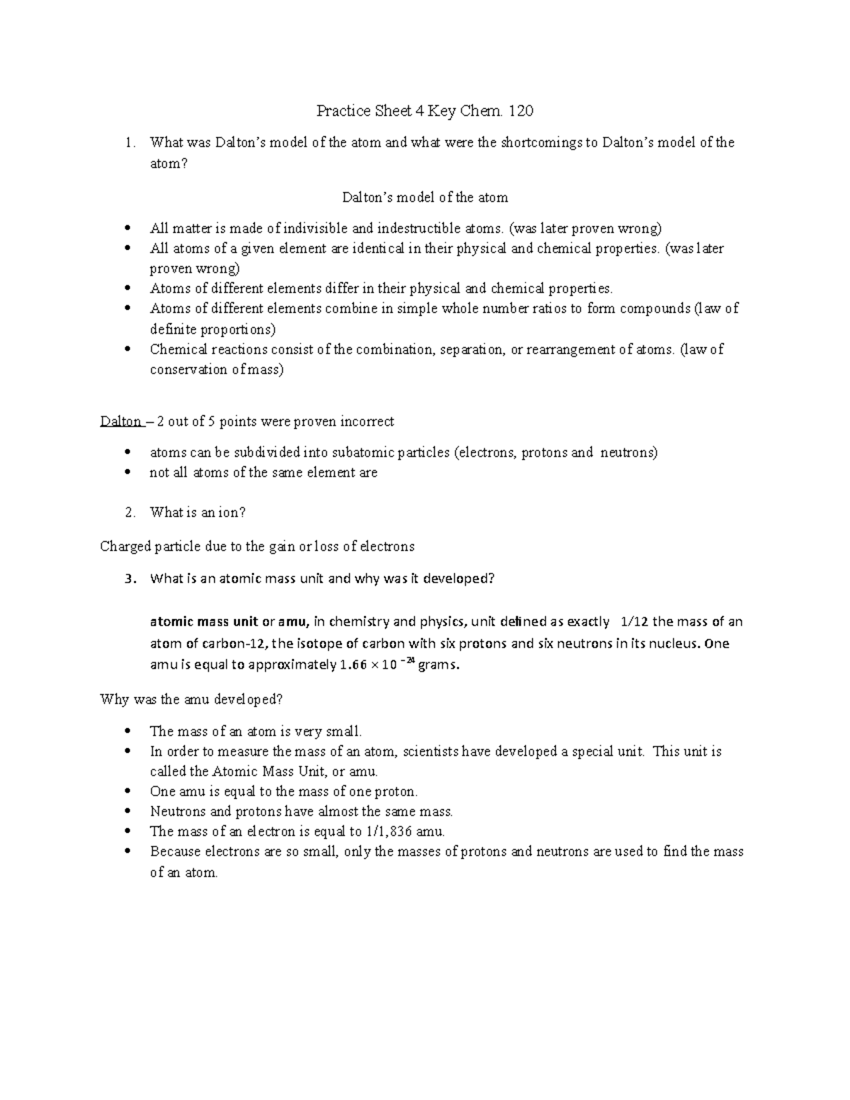 Exam 1 120 - ch 5 problem set - key - Practice Sheet 4 Key Chem. 120 What was Dalton’s model of ...