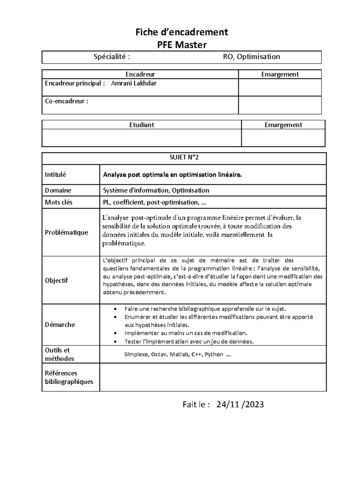 Sujet 2 Master 2023 - Fiche d’encadrement PFE Master Spécialité : RO, Optimisation Encadreur ...