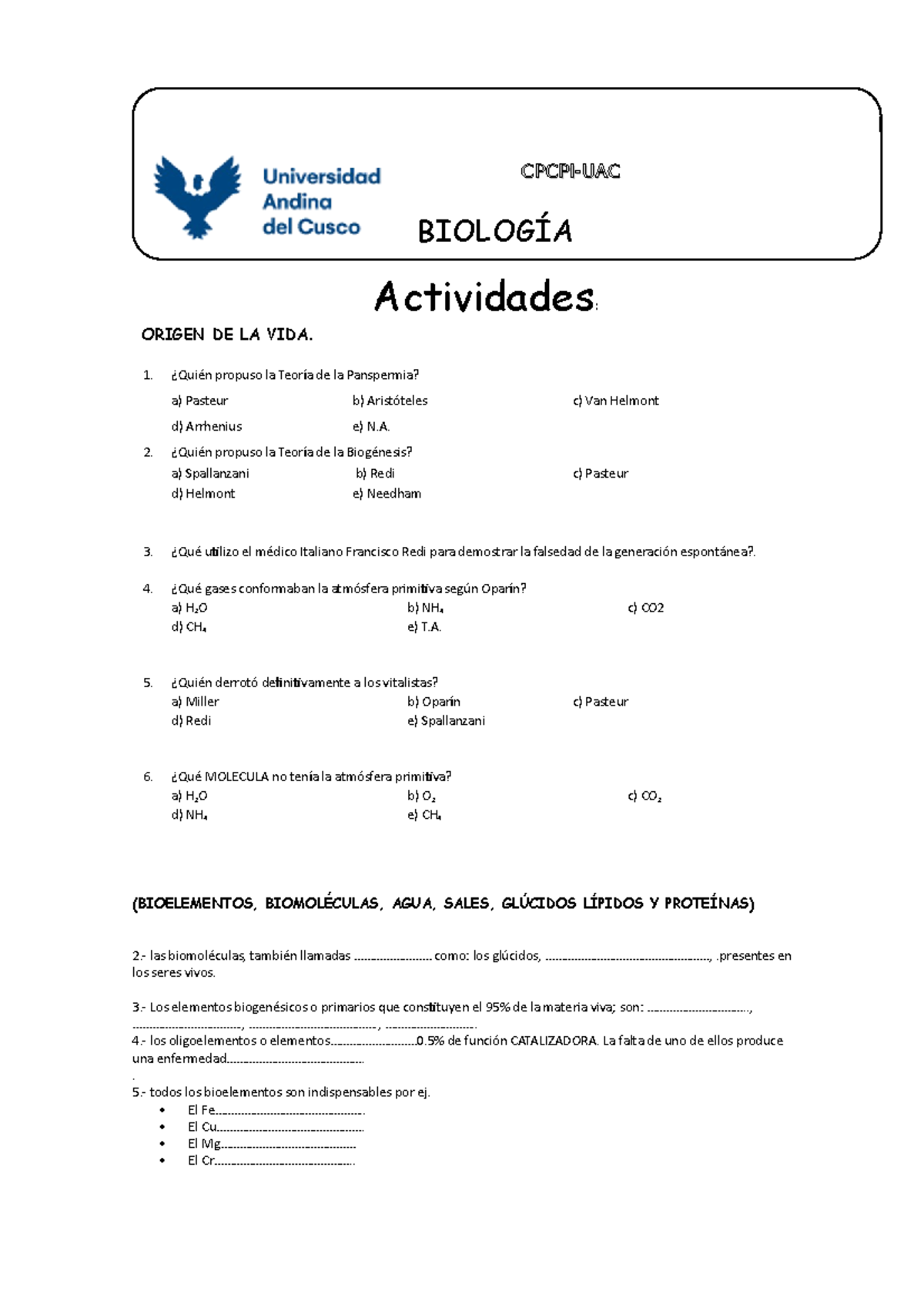 Primera Practica DE Biologia - BIOLOGÍA Actividades: ORIGEN DE LA VIDA ...
