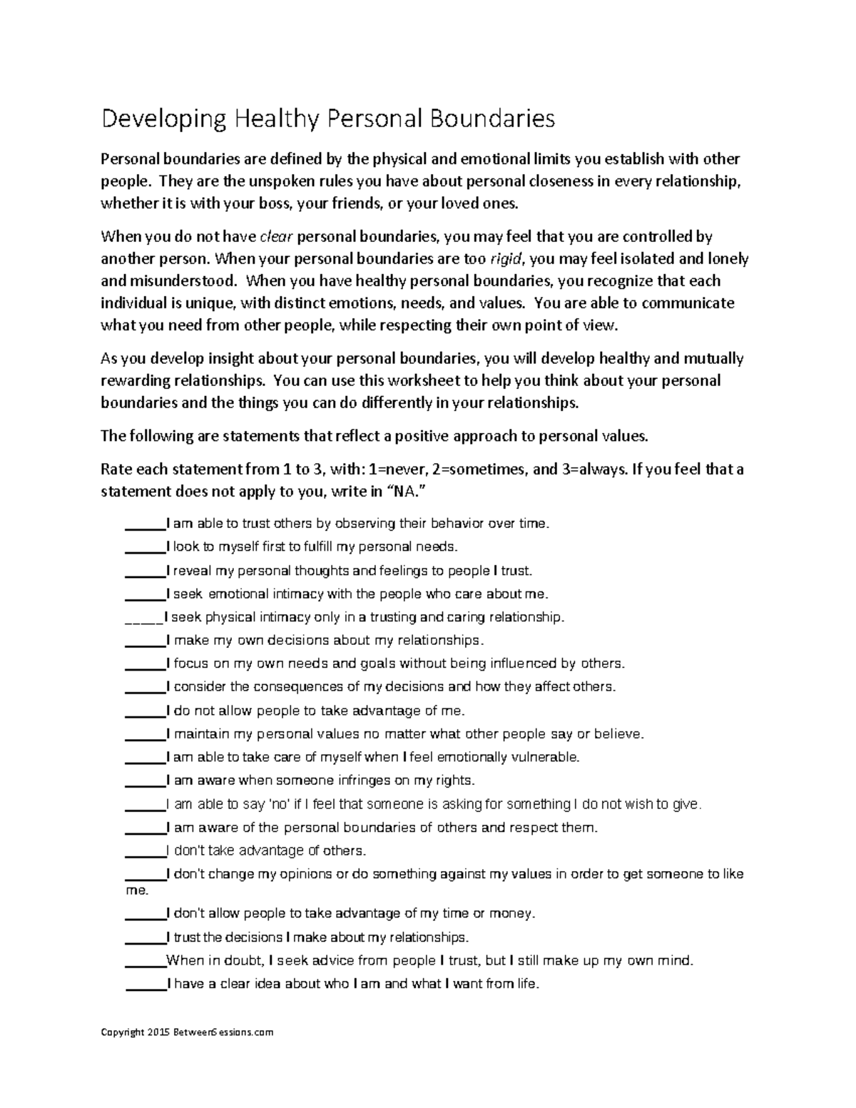 Developing Healthy Pesonal Boundaries [Workbook] - Copyright 2015 ...