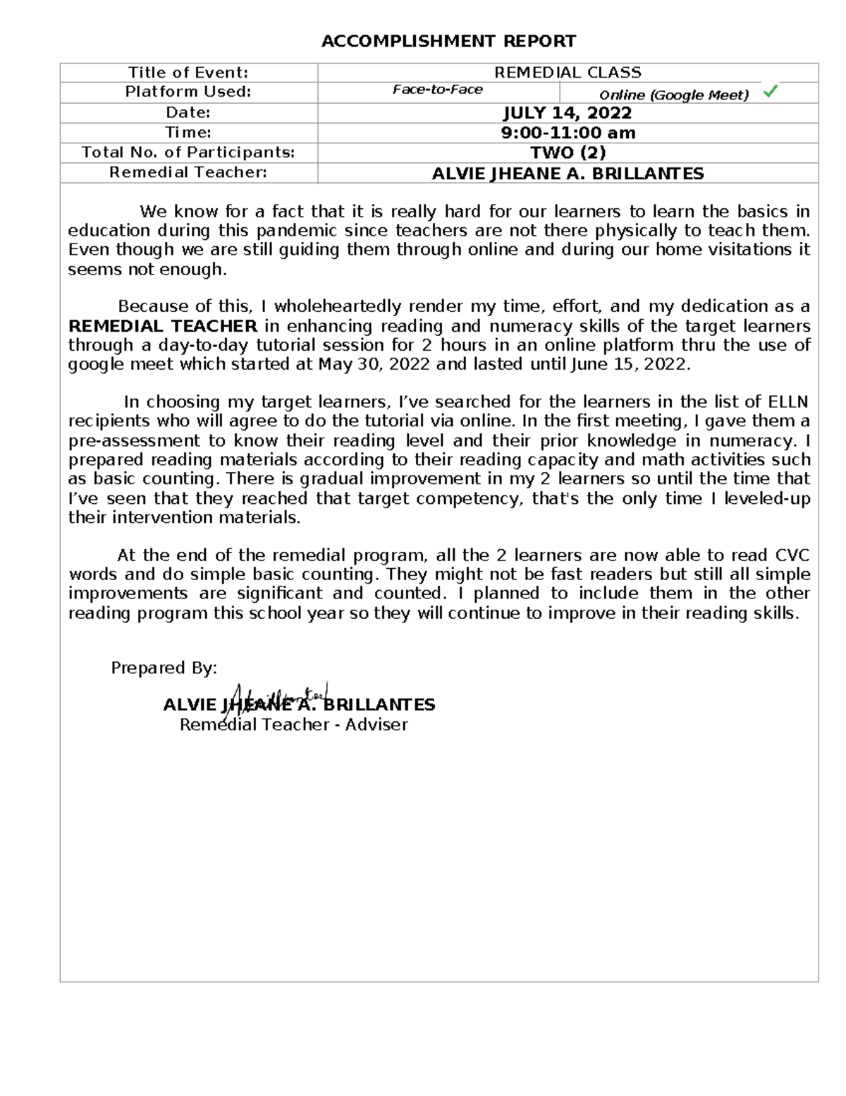 Remedial Accomplisment Report - ACCOMPLISHMENT REPORT Title of Event ...