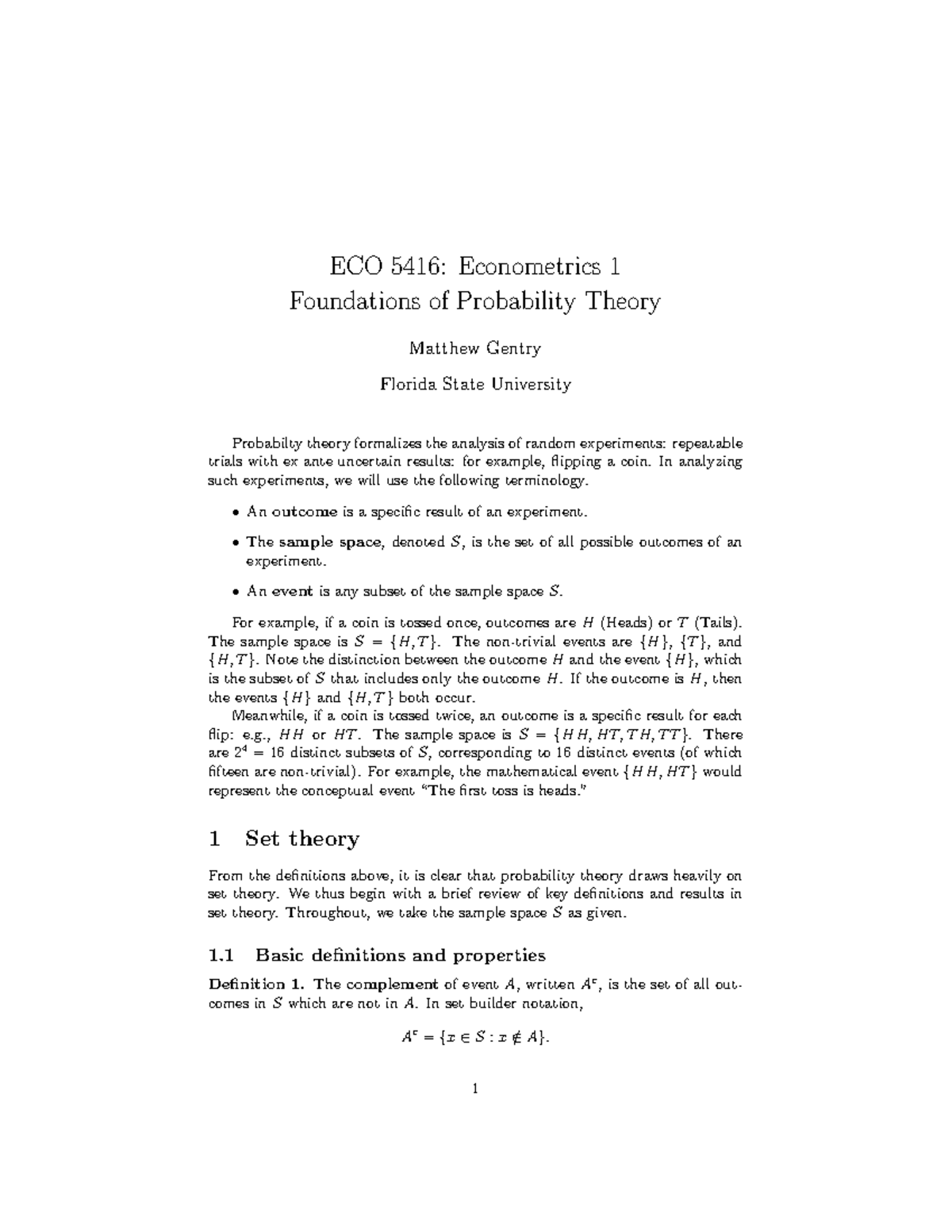 Probability theory - ECO 5416: Econometrics 1 Foundations of ...