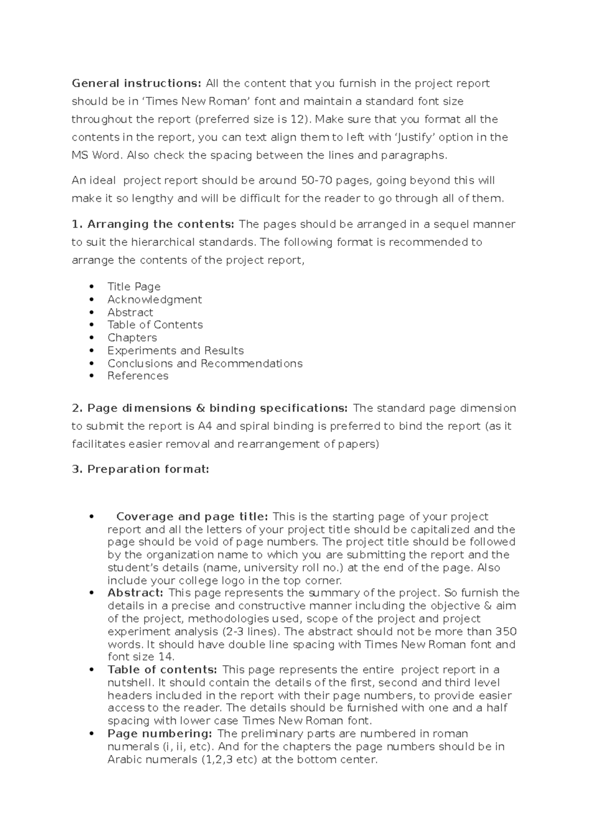 Instructions For Project Report General Instructions All The Content