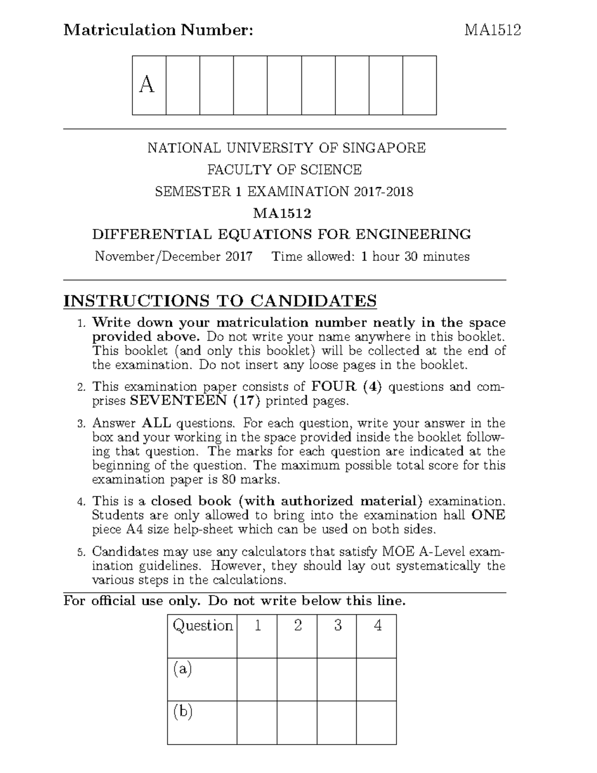 MA1512 17/18 Sem 1 - Matriculation Number: MA A NATIONAL UNIVERSITY OF ...