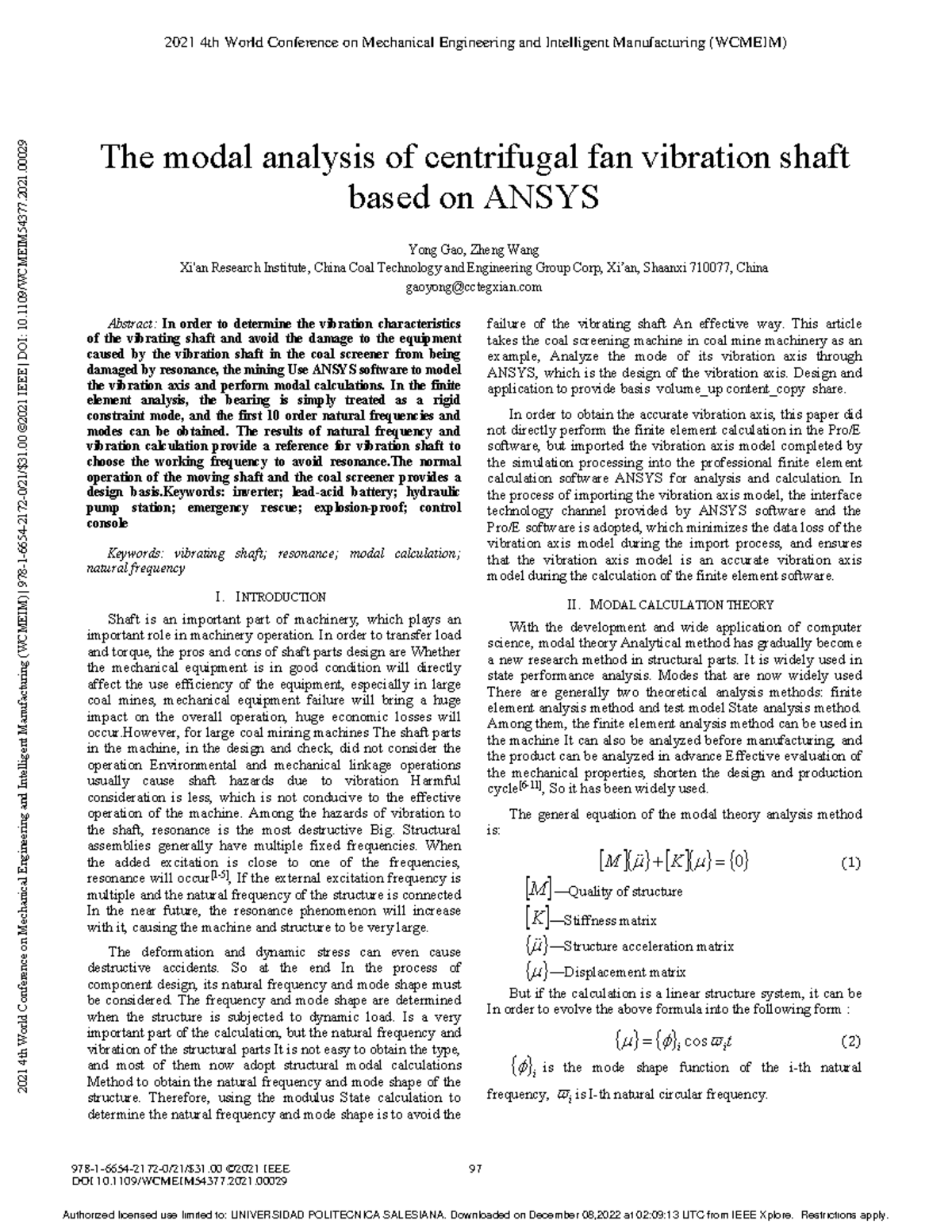 The modal analysis of centrifugal fan vibration shaft based on Ansys ...