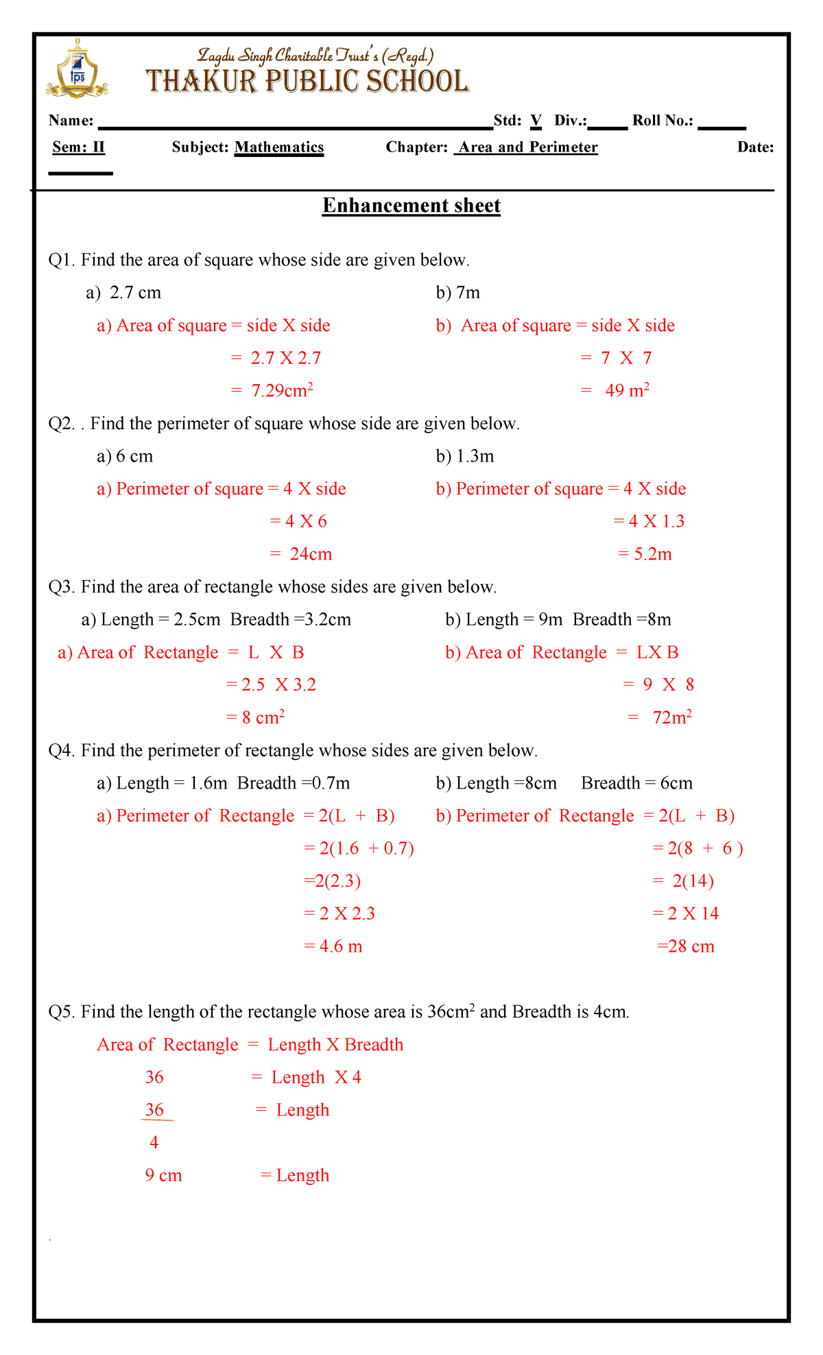 Std 5 area perimeter - Standard 5 Math's course practinor - Name: - Studocu
