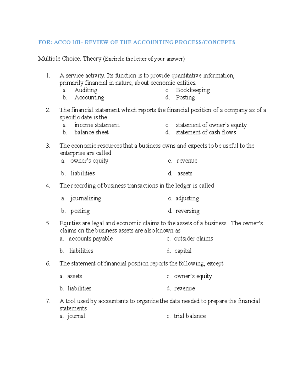 Assessment Activities for ACCO 101 - FOR: ACCO 101- REVIEW OF THE ...