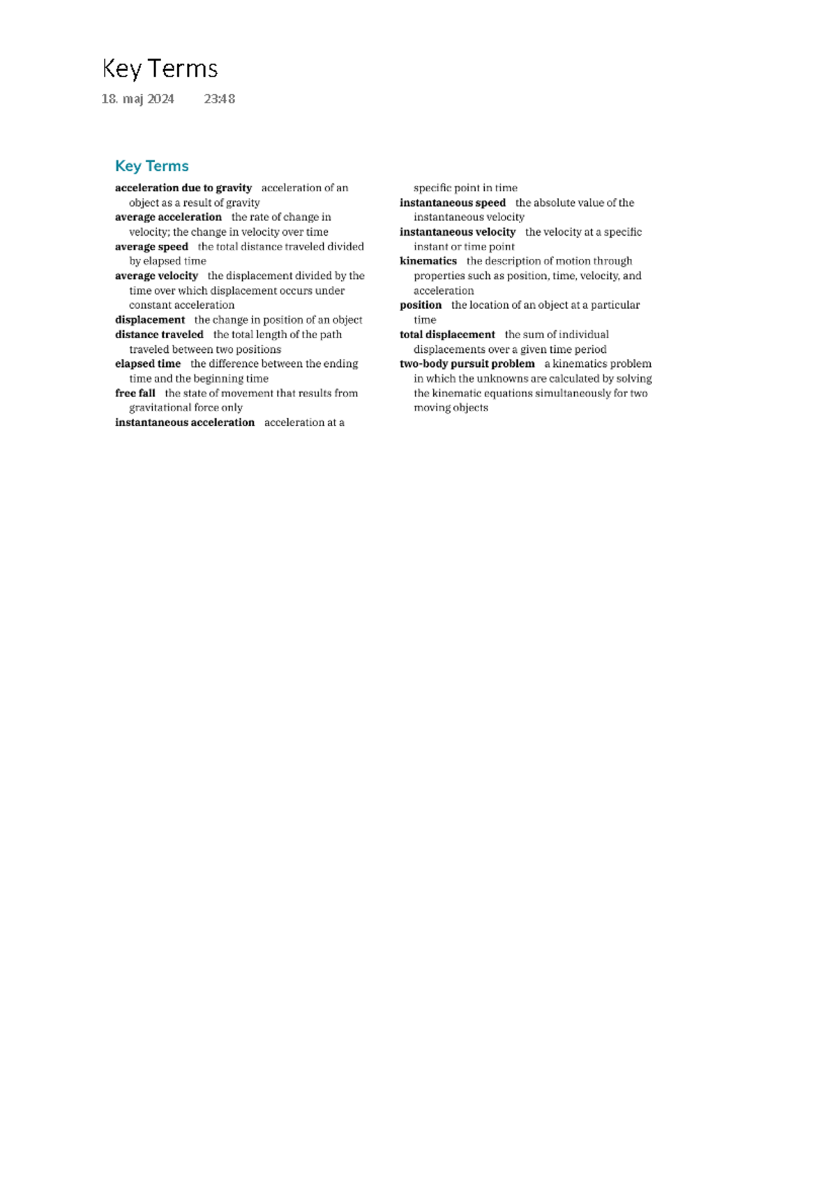 Fysik Formler DTU - Fysik 1 - Key Terms Key Equations Total Displacement Average Velocity (for ...